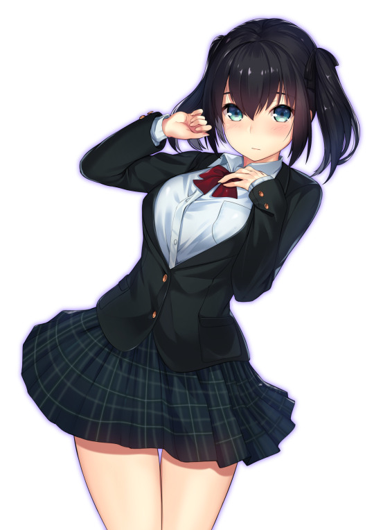 Safebooru - 1girl black hair blazer blue eyes blush bow cowboy shot female hand on own chest ...