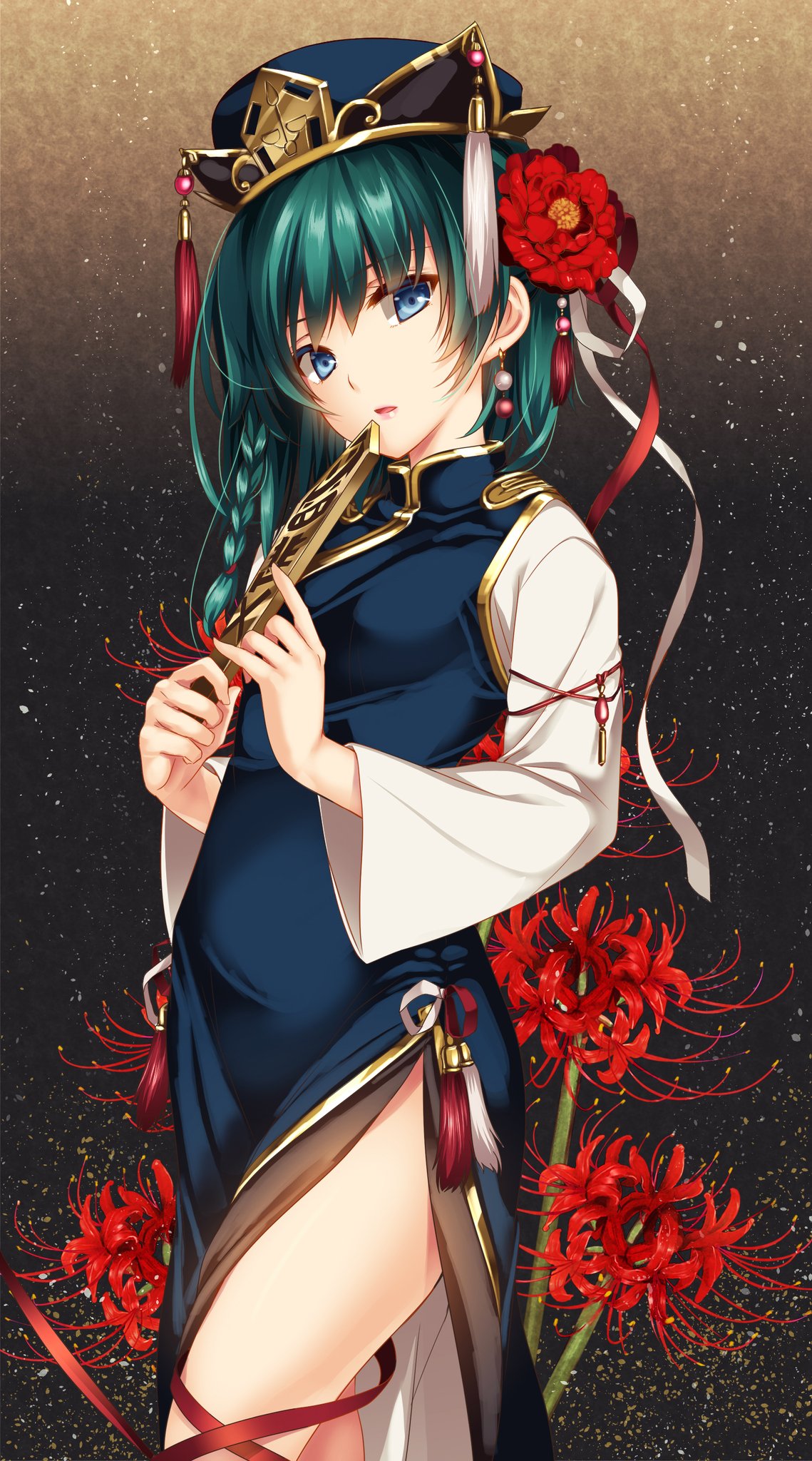Safebooru - 1girl blue eyes china dress chinese clothes dress earrings flower green hair hair ...