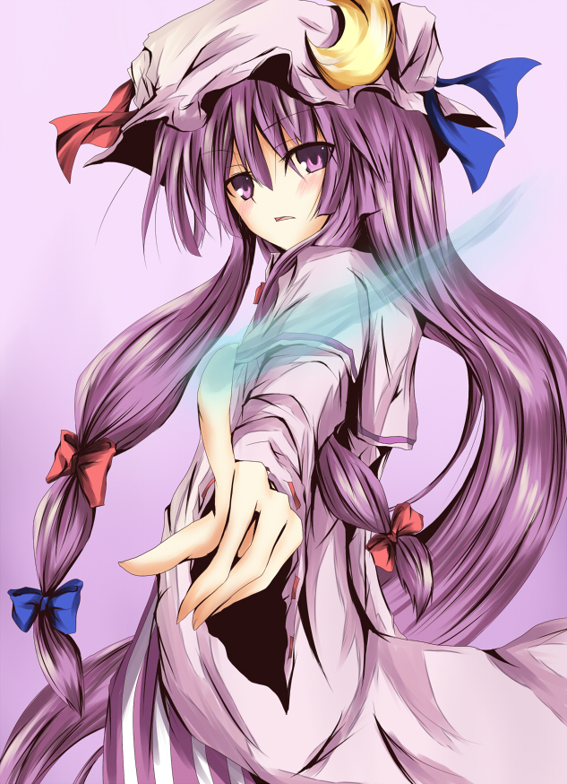 Safebooru - crescent hair ribbon hat hitsuji (pixiv) long hair patchouli knowledge purple eyes ...