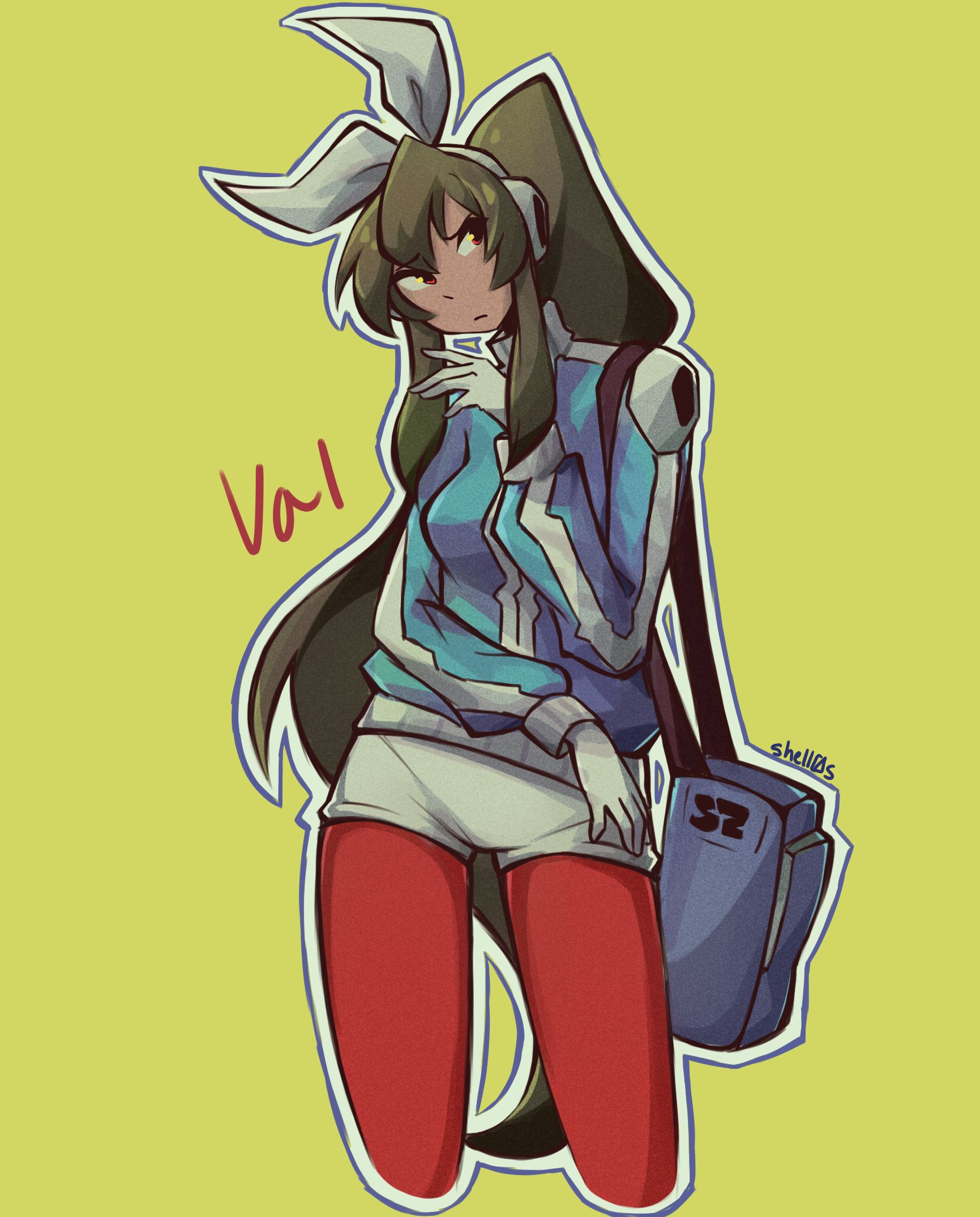 Safebooru - 1girl amela (shell0s) bag black hair blue revolver hairband ...