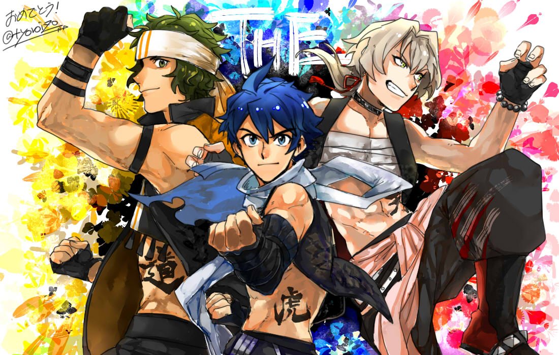 Safebooru - 3boys bandana bare shoulders bead bracelet beads blue eyes ...