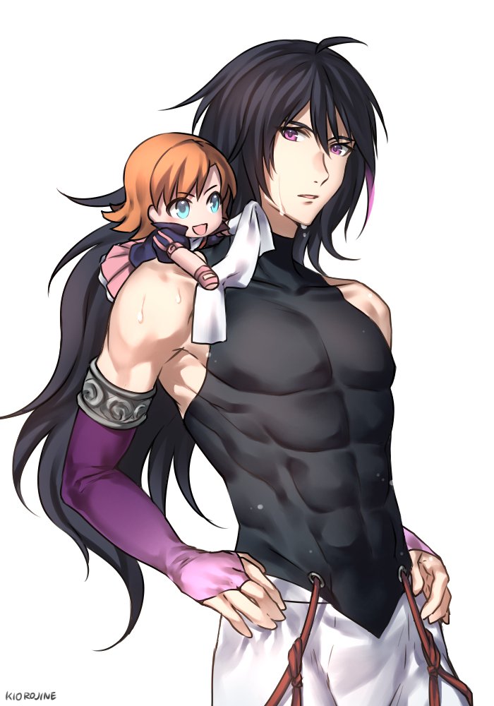 Safebooru - 1boy 1girl abs alternate hair length alternate hairstyle black hair blush chibi lie ...