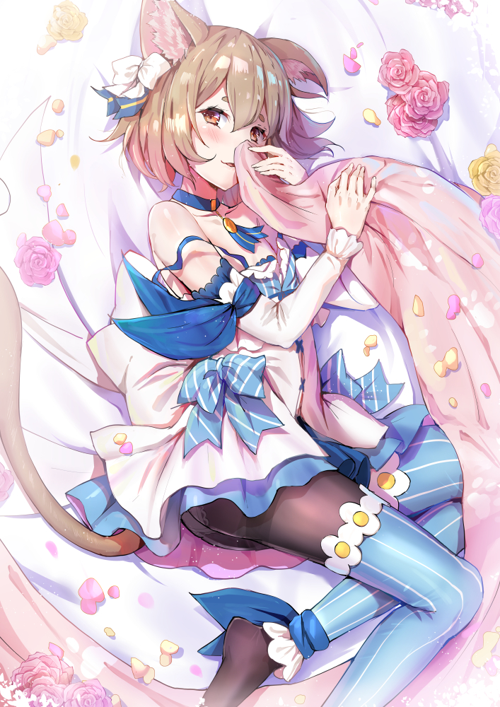 Safebooru - 1boy animal ears bare shoulders black legwear blue legwear bow brown hair choker ...