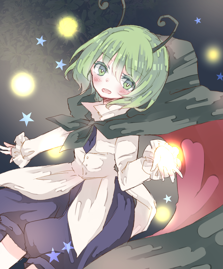 Safebooru - antennae blush cape green eyes green hair light particles ...