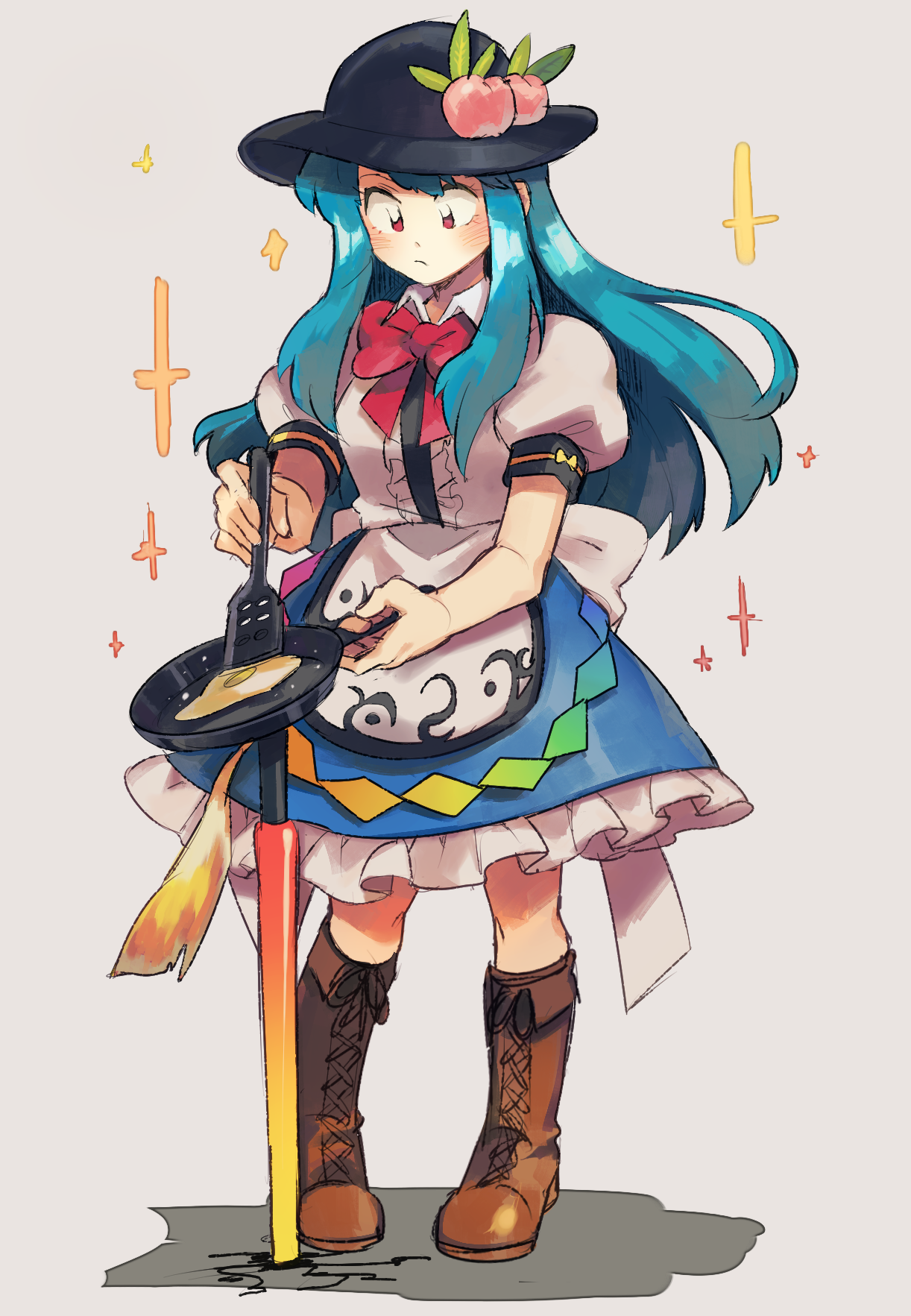 Safebooru - 1girl akiyoku black hat blue hair blue skirt boots brown ...