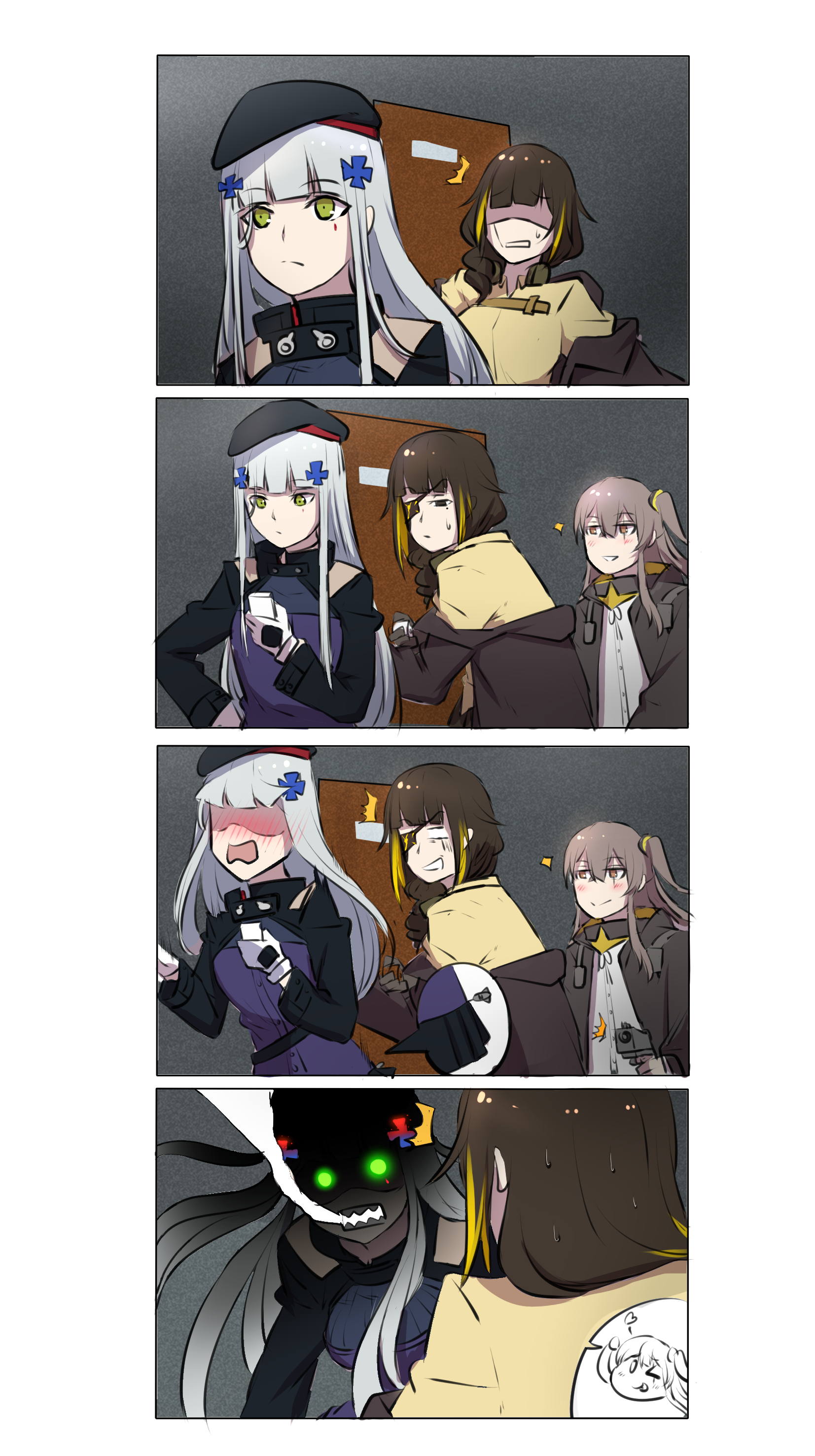 Safebooru - > o /\/\/\ 3girls 4koma absurdres angry bangs beret black ...