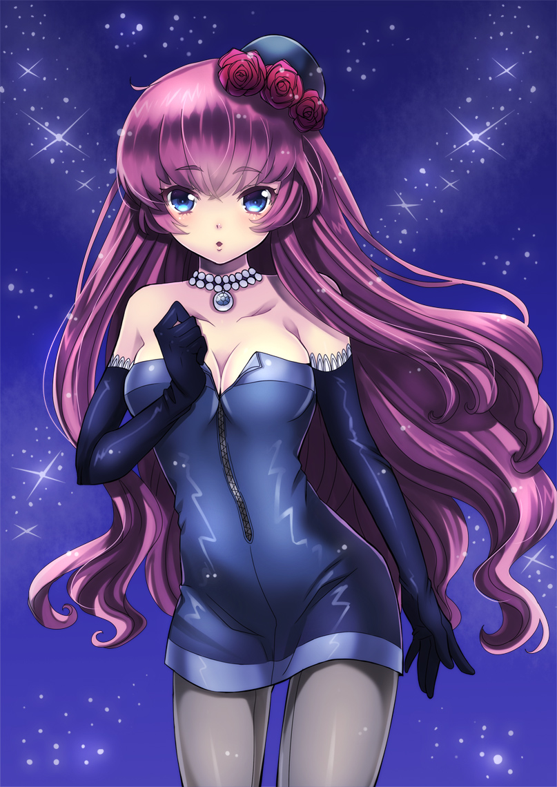 Safebooru - 1girl black gloves blue dress blue eyes breasts cleavage collar dress elbow gloves ...