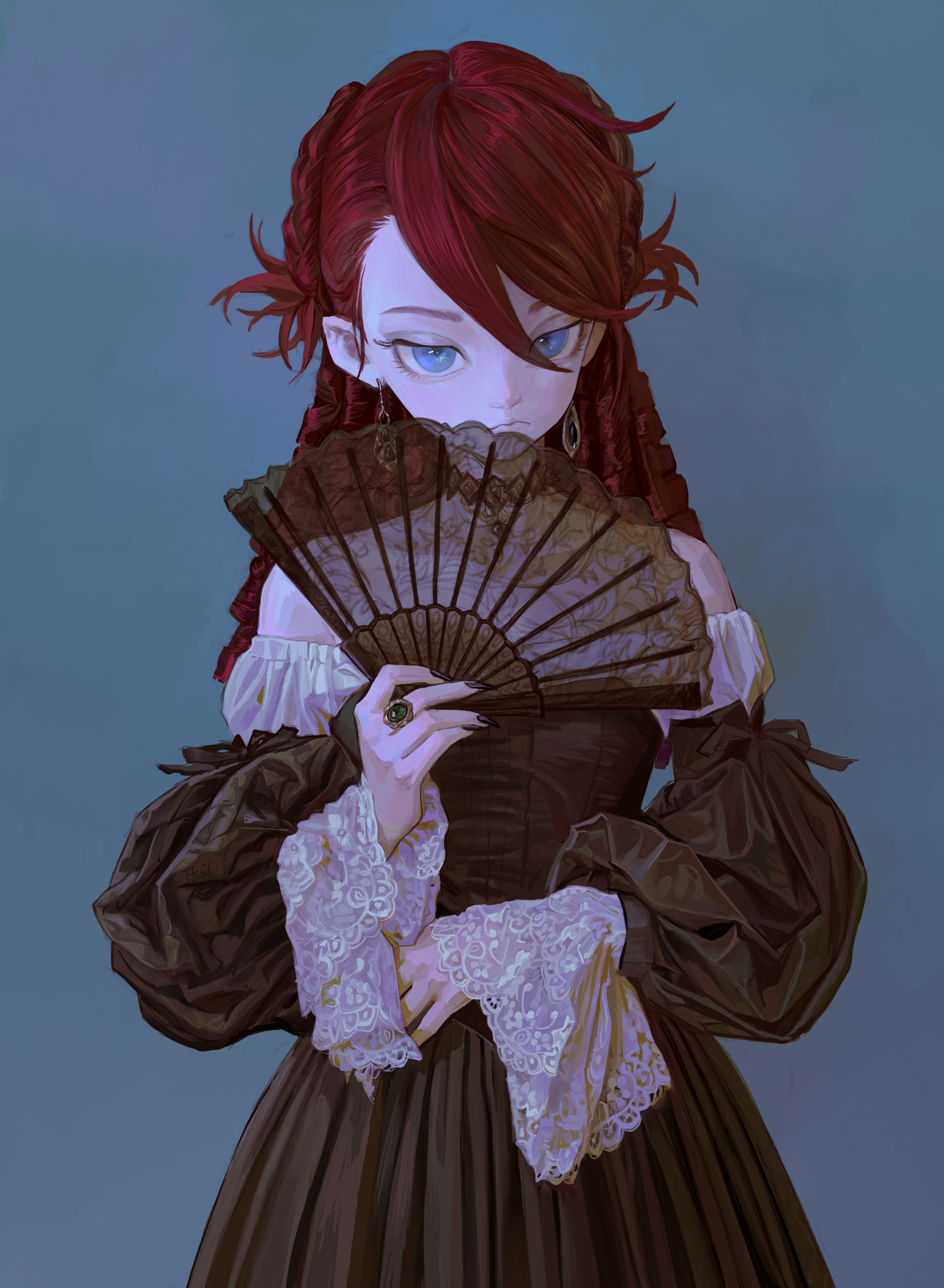 Safebooru - 1girl bare shoulders black dress black nails blue eyes closed mouth cowboy shot ...