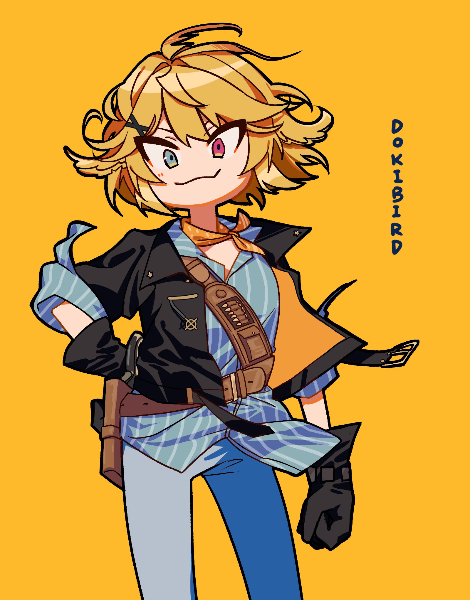 Safebooru - 1girl aqua shirt belt black gloves black jacket blonde hair ...