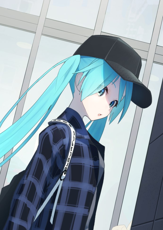 Safebooru - 1girl :o alternate costume aqua hair bag baseball bat black hat blue eyes blue ...