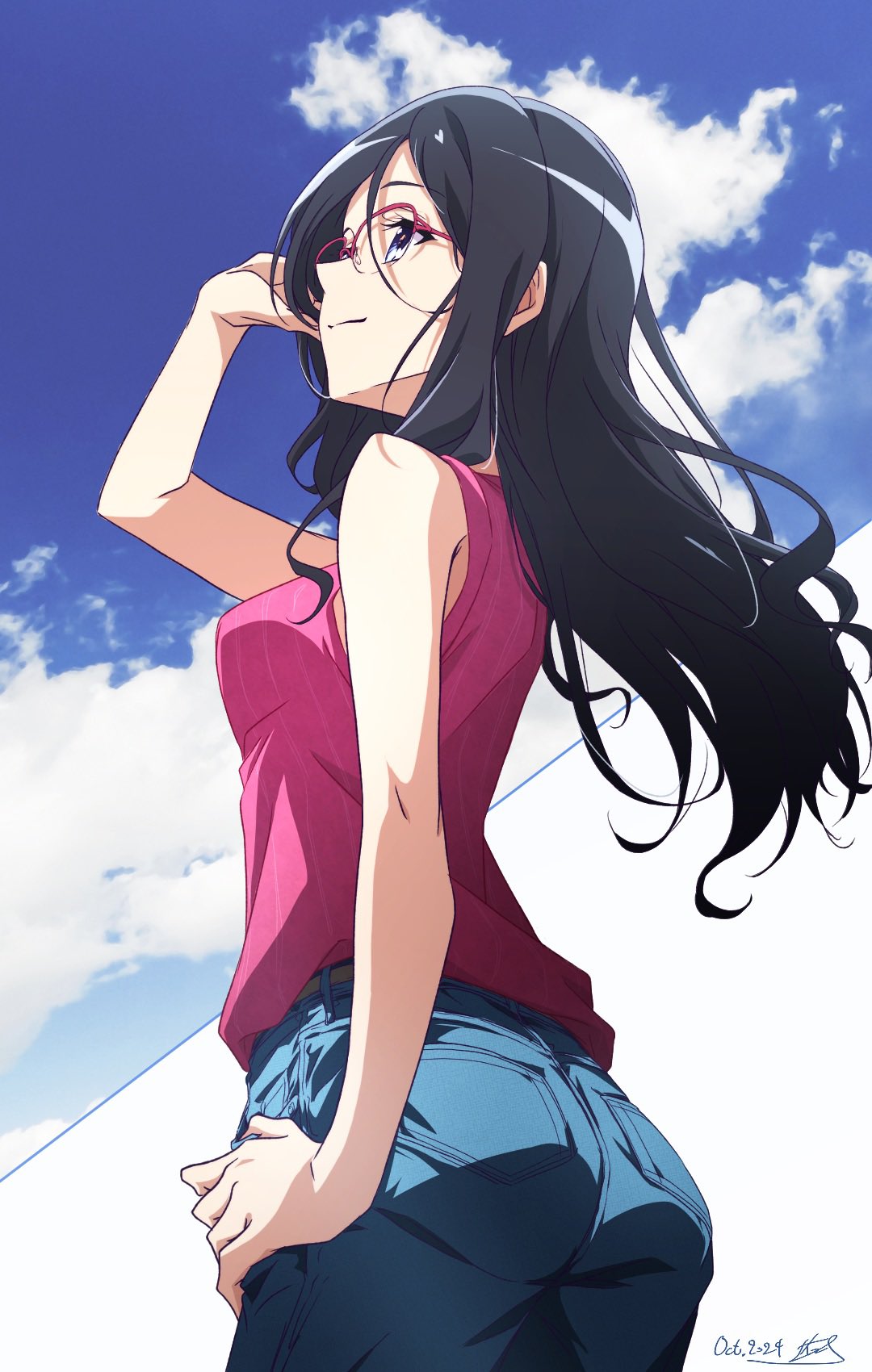Safebooru - 1girl black hair blue eyes blue pants blue sky breasts closed mouth clouds ...