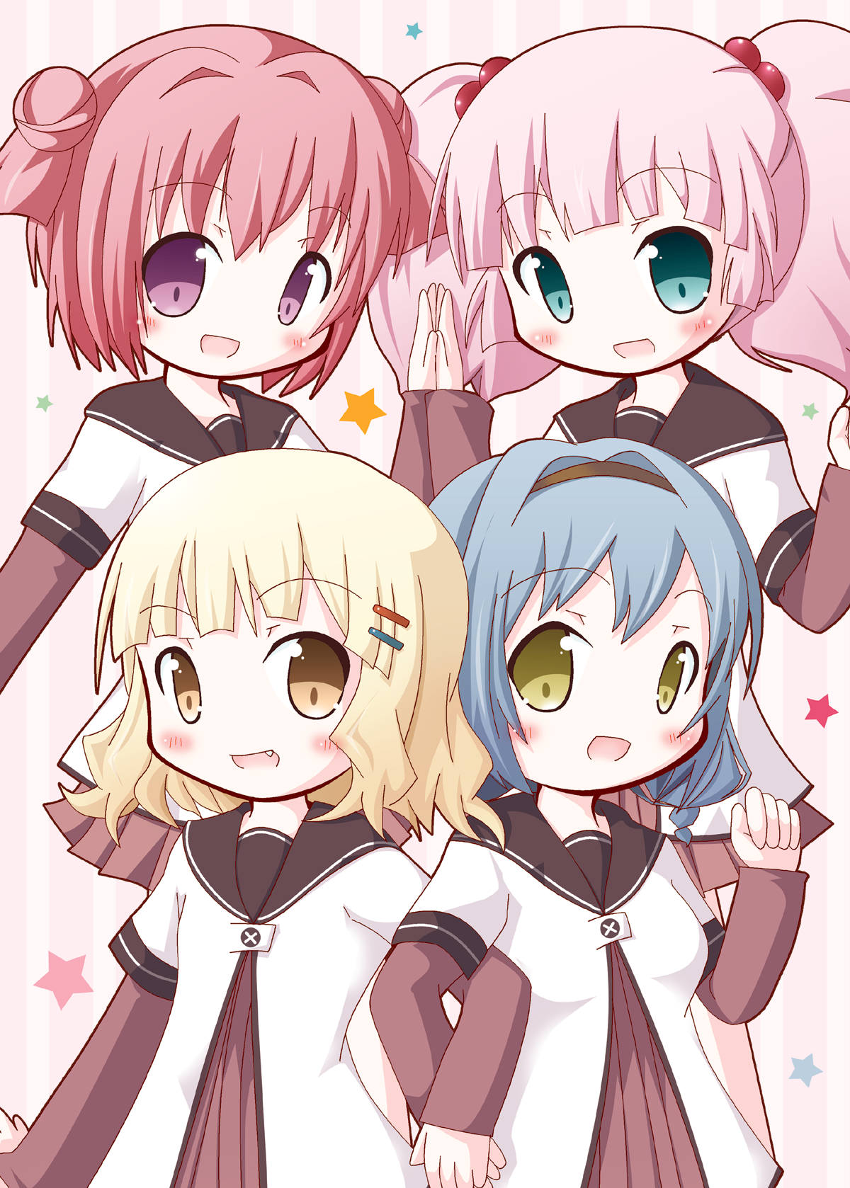 Safebooru - 4girls :d akaza akari blonde hair blue hair brown eyes choin double bun furutani ...