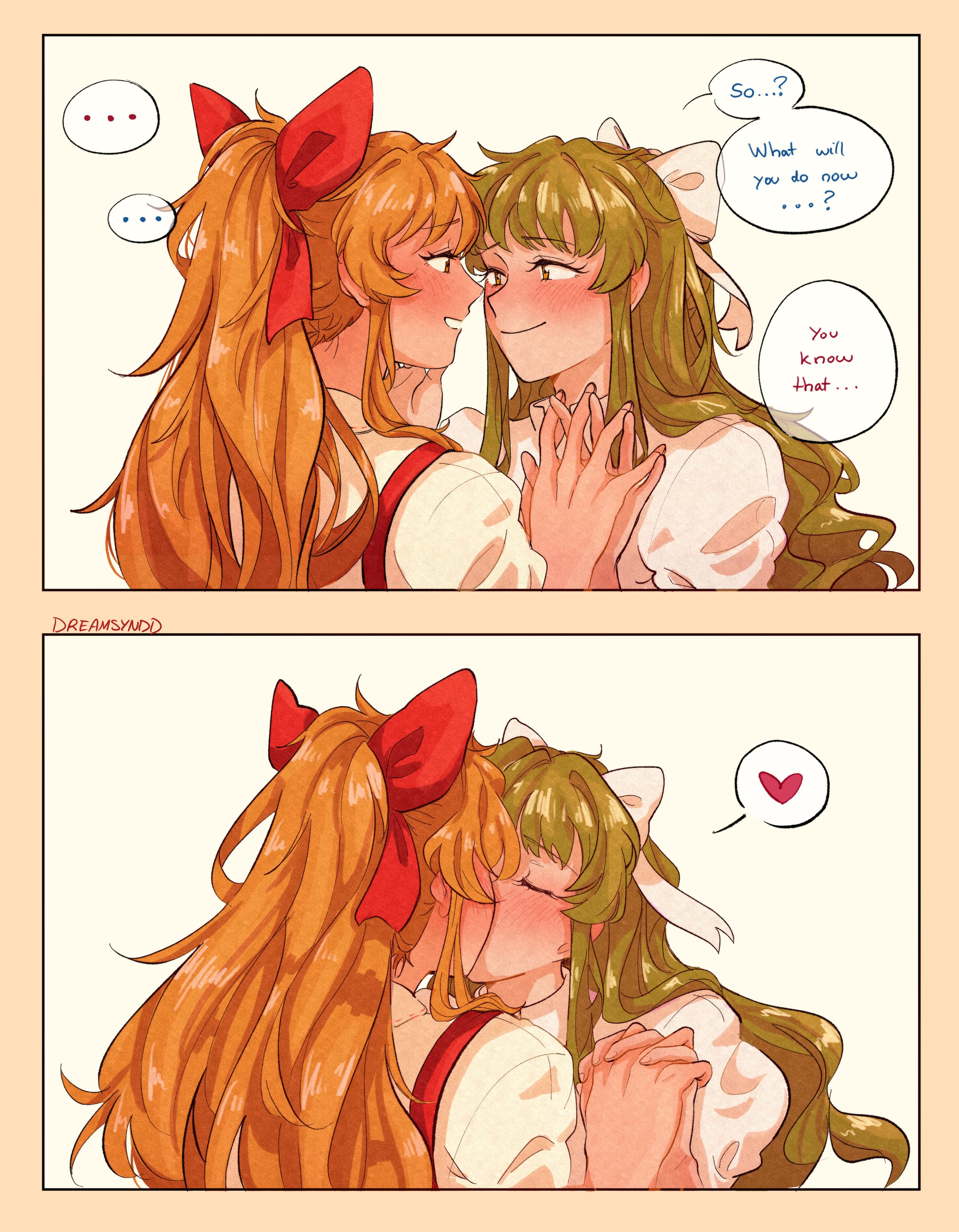 Safebooru - ... 2girls absurdres artist name bow brown eyes brown hair closed eyes closed mouth ...