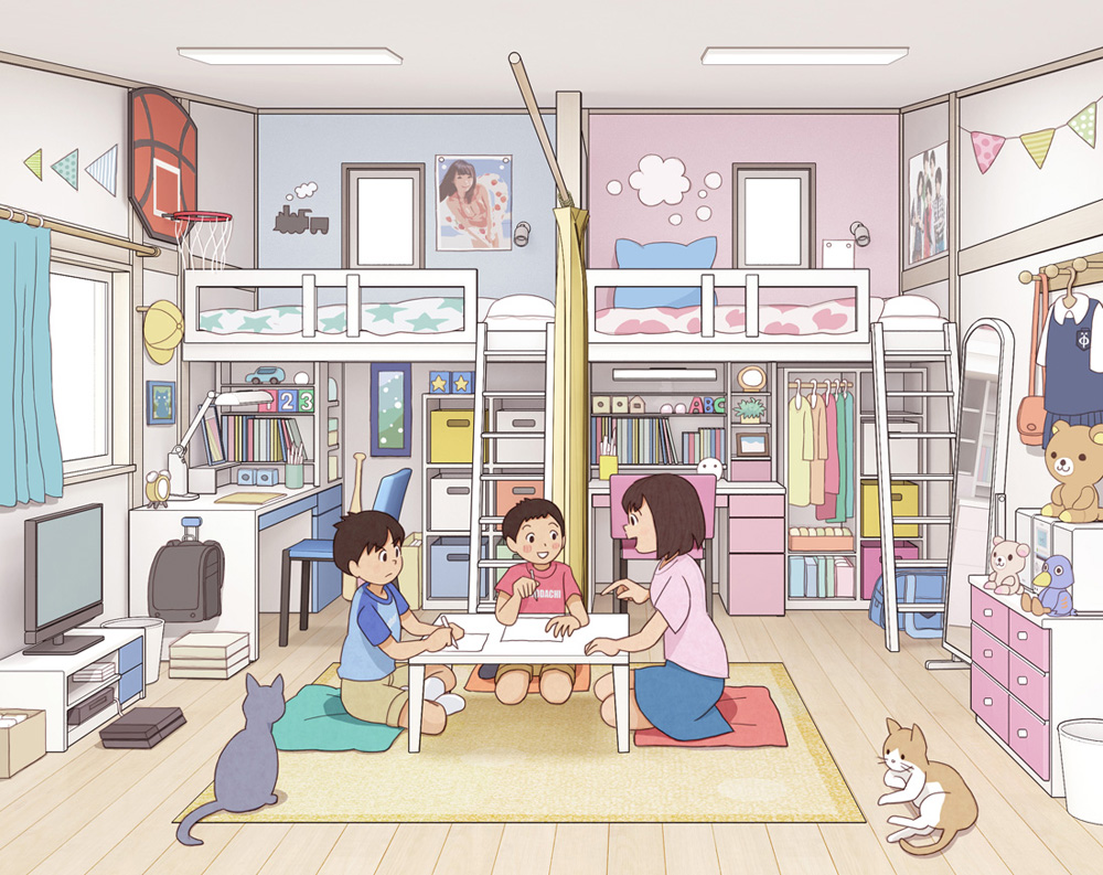 Safebooru - 1girl 2boys cat indoors kiyo (kyokyo1220) multiple boys ...