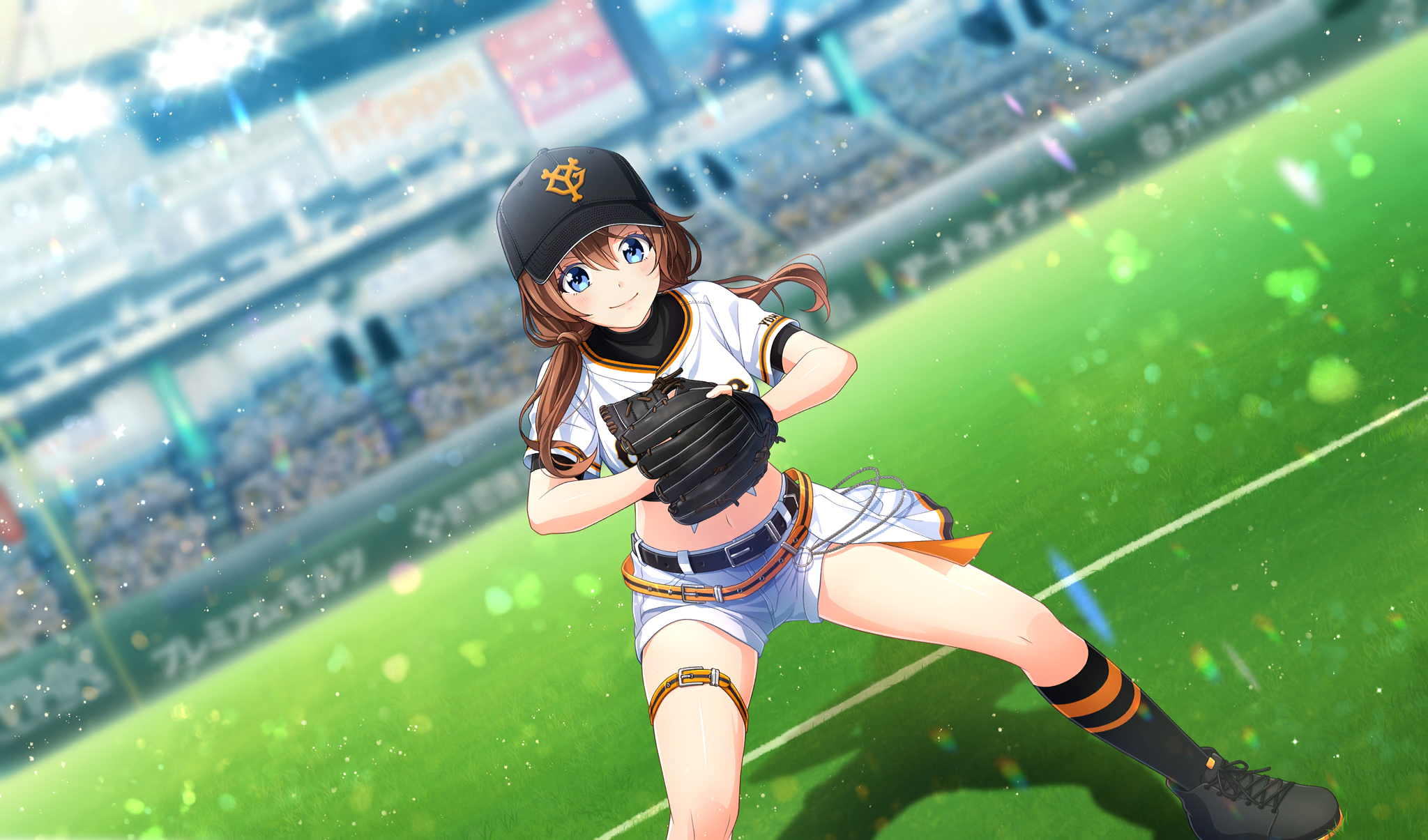 Safebooru - 1girl arihara tsubasa baseball cap baseball mitt baseball stadium baseball uniform ...