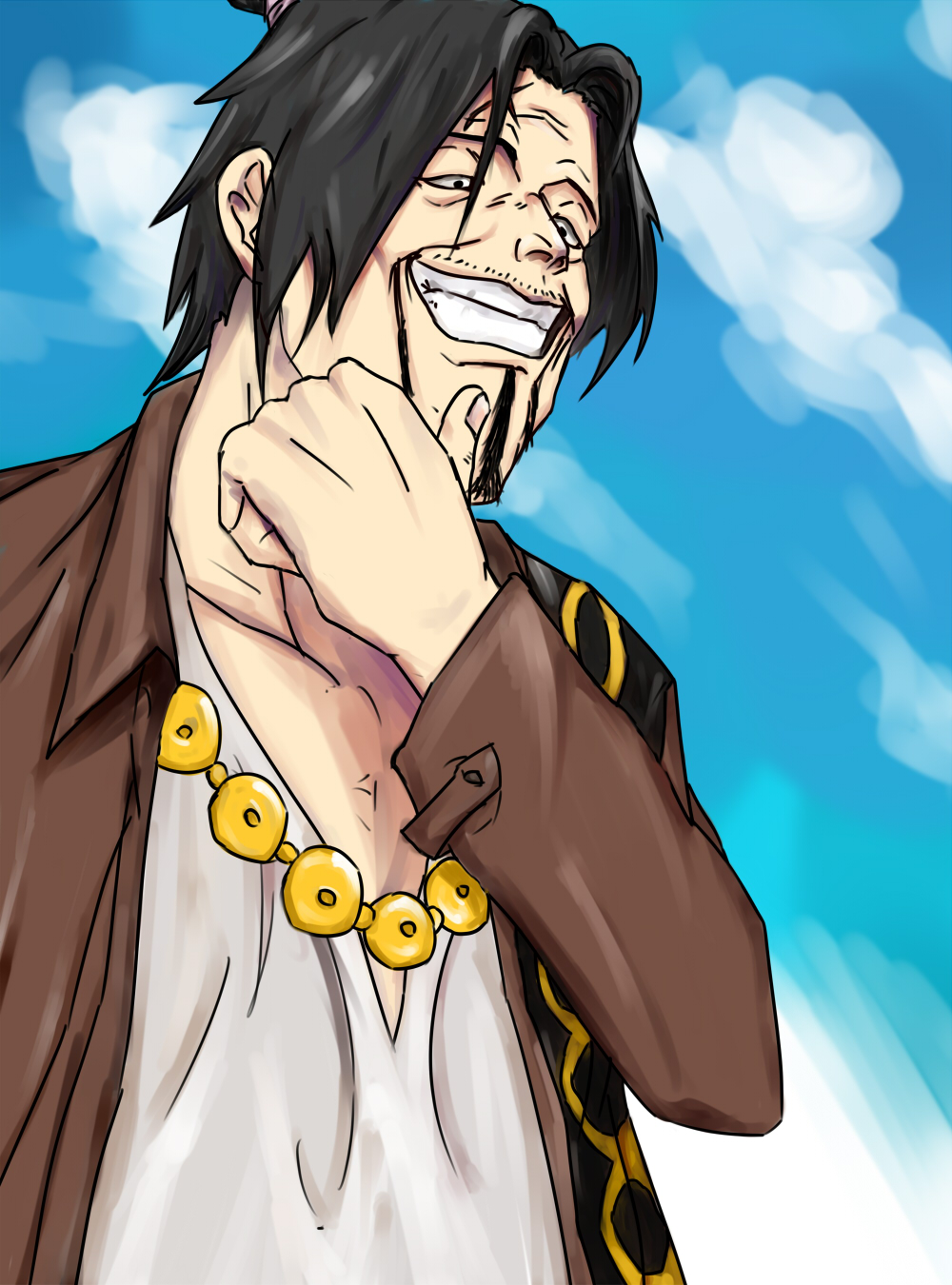 Safebooru - 1boy bins-2525 black hair facial hair grin higuma (one ...