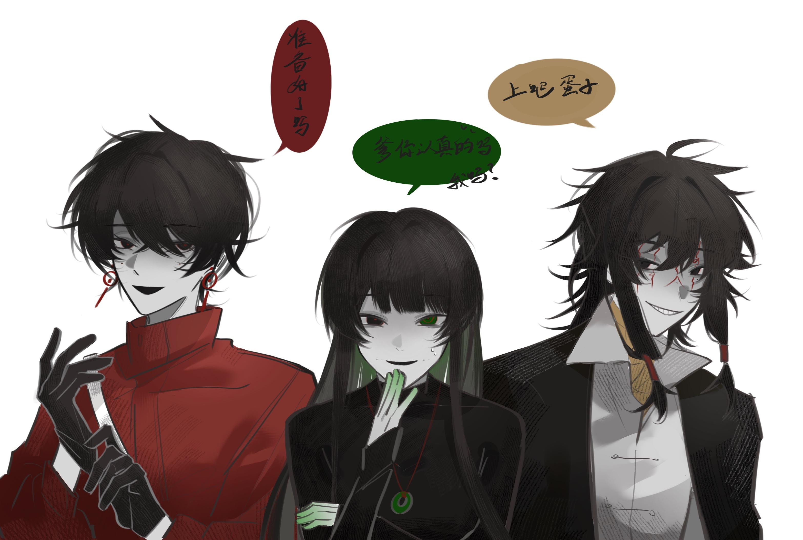 Safebooru - 1girl 2boys ahoge black eyes black gloves black hair black jacket black shirt ...