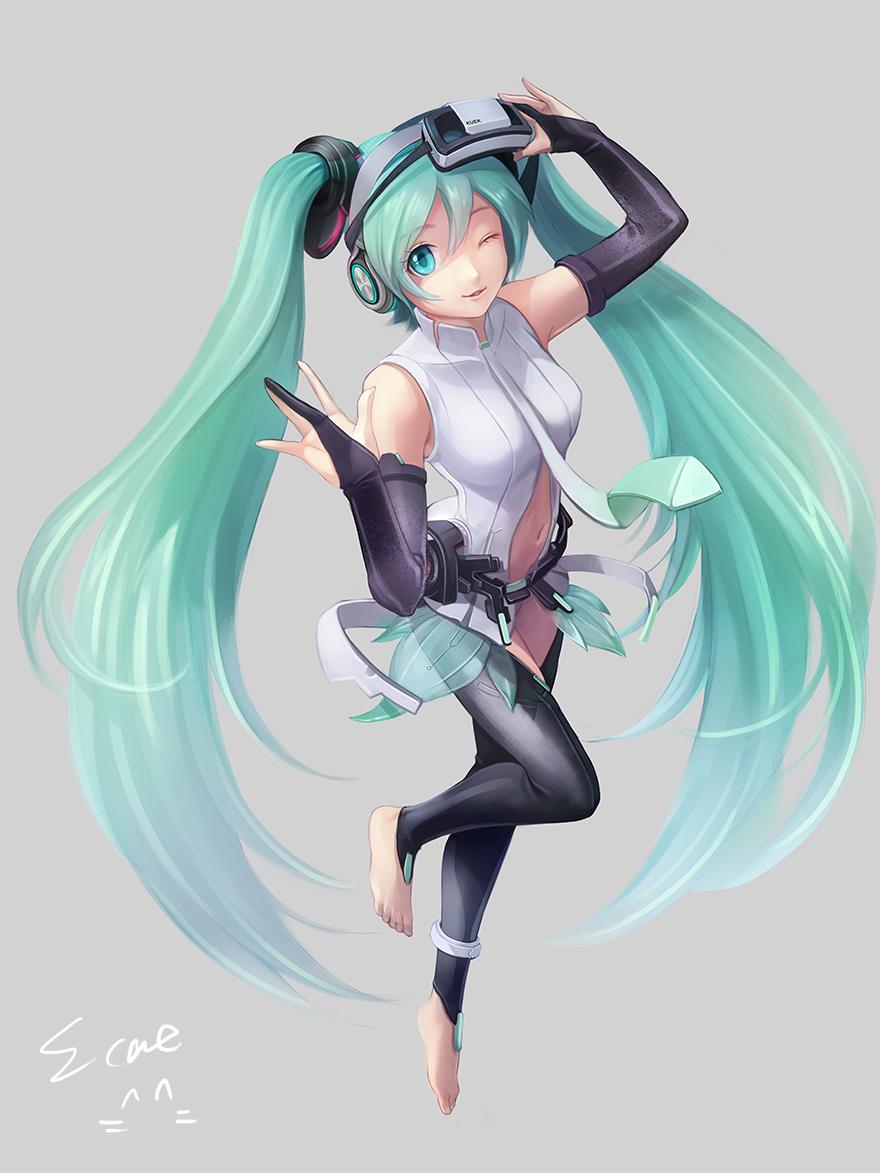 Safebooru - 1girl aqua eyes aqua hair black gloves bodysuit ecat elbow gloves gloves hatsune ...