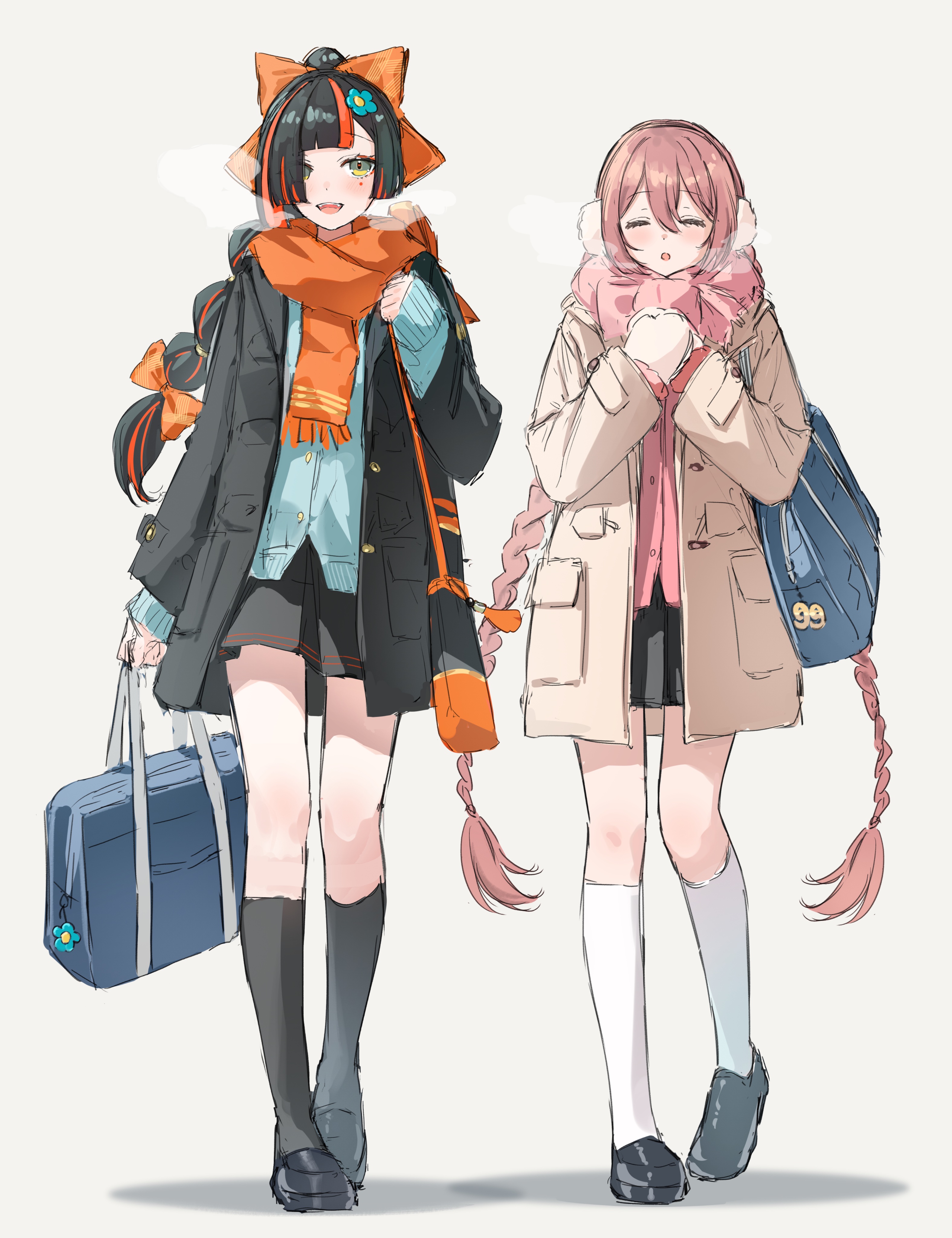 Safebooru - 2girls absurdres amayui moka bag black coat black footwear black hair black skirt ...