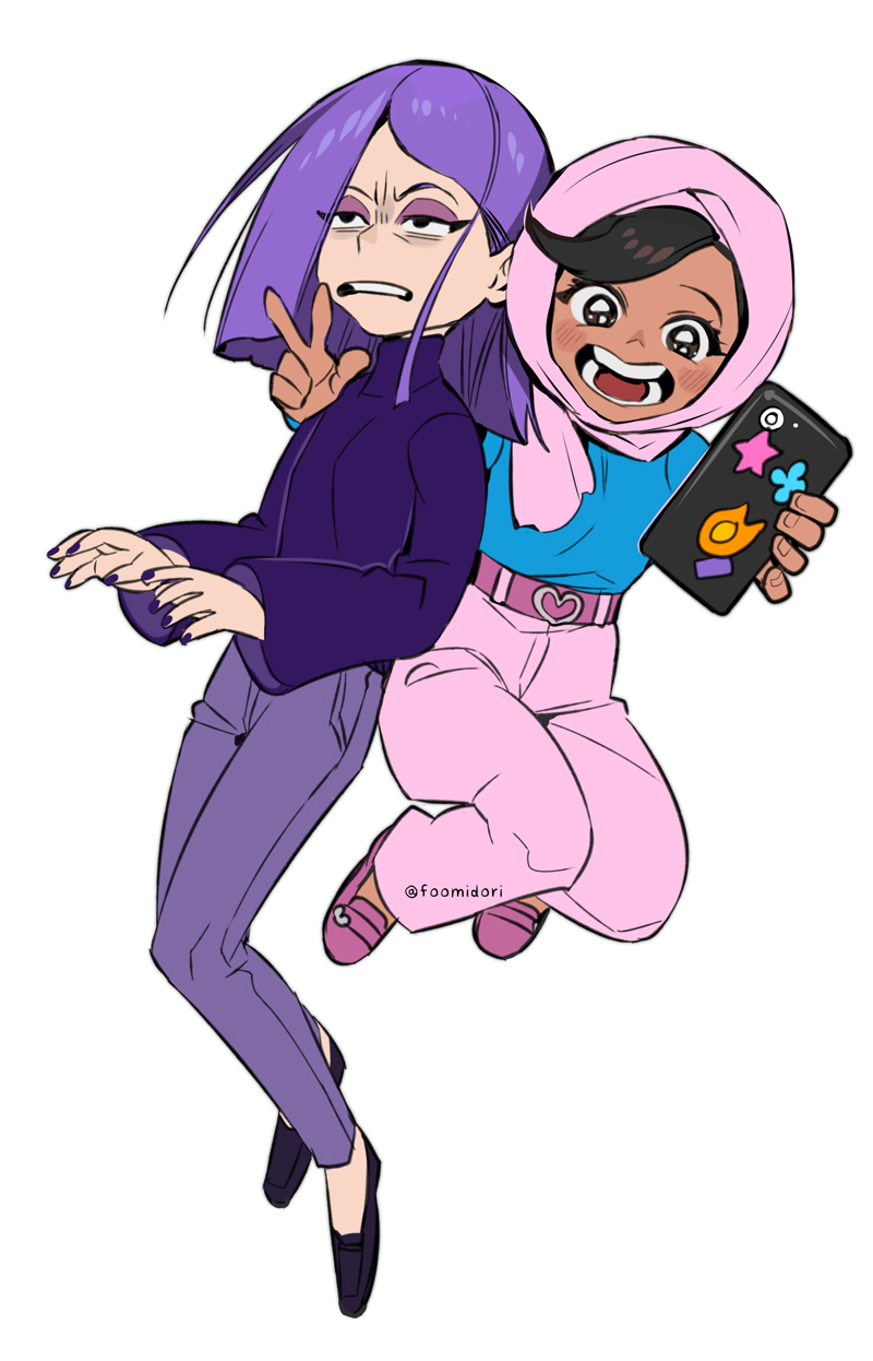 Safebooru - 2girls banned artist belt black hair cellphone dark-skinned ...