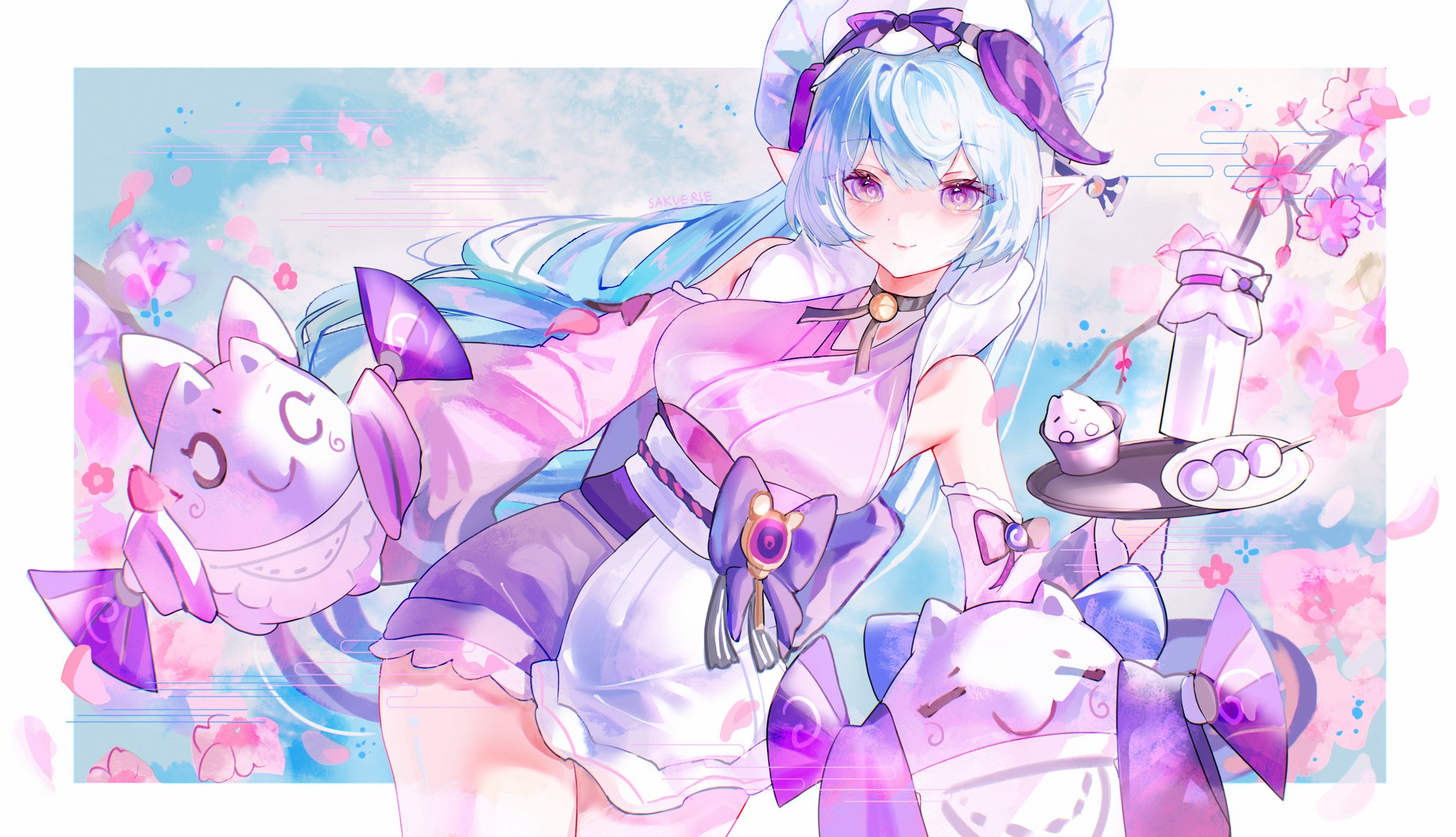 Safebooru - 1girl apron bell black choker blue hair border cherry blossoms choker closed mouth ...