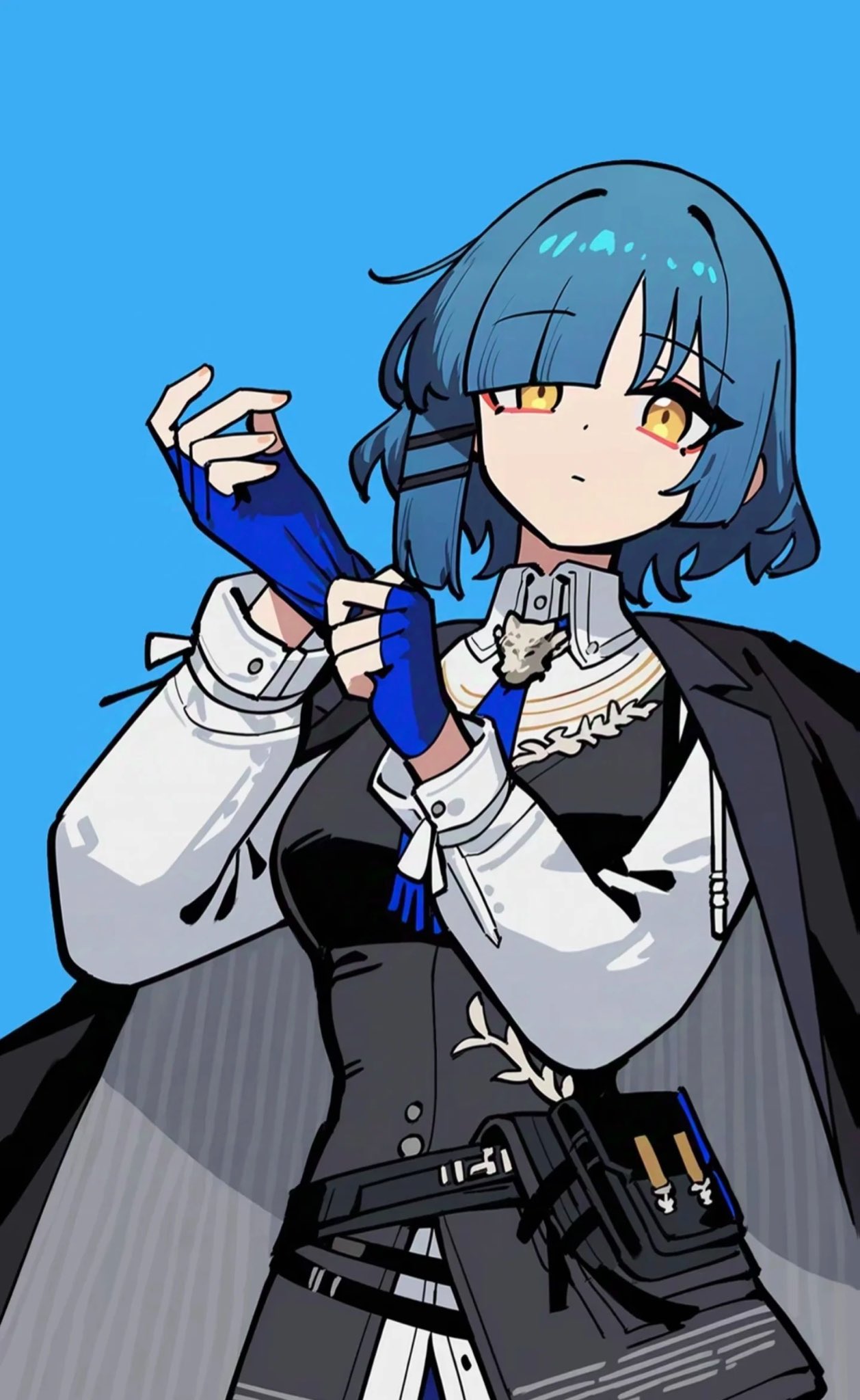 Safebooru - 1girl adjusting clothes adjusting gloves arknights black vest blue gloves blue hair ...