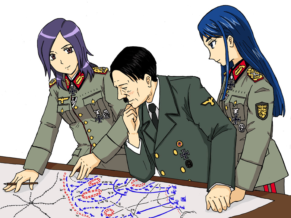 Safebooru - 1boy 2girls adolf hitler black hair blue eyes blue hair ...