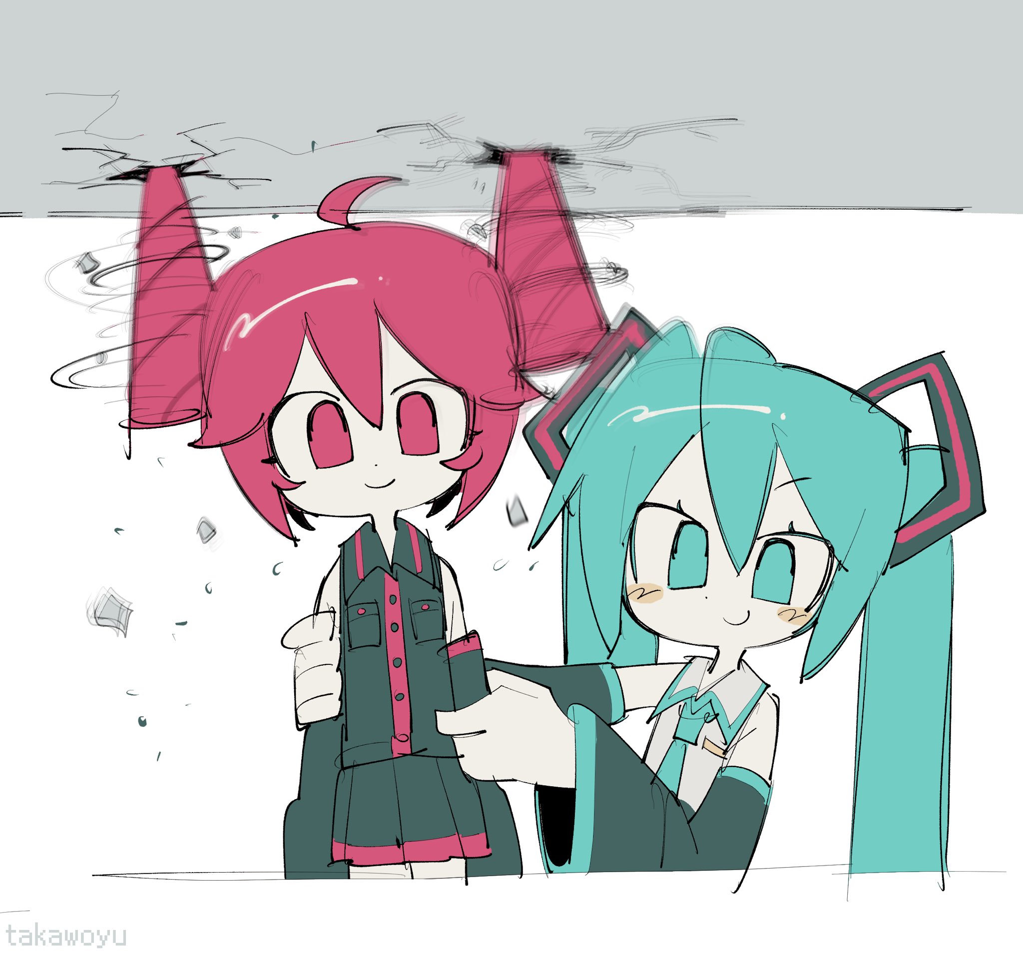 Safebooru - 2girls ahoge aqua eyes aqua hair aqua necktie aqua trim artist name bare shoulders ...