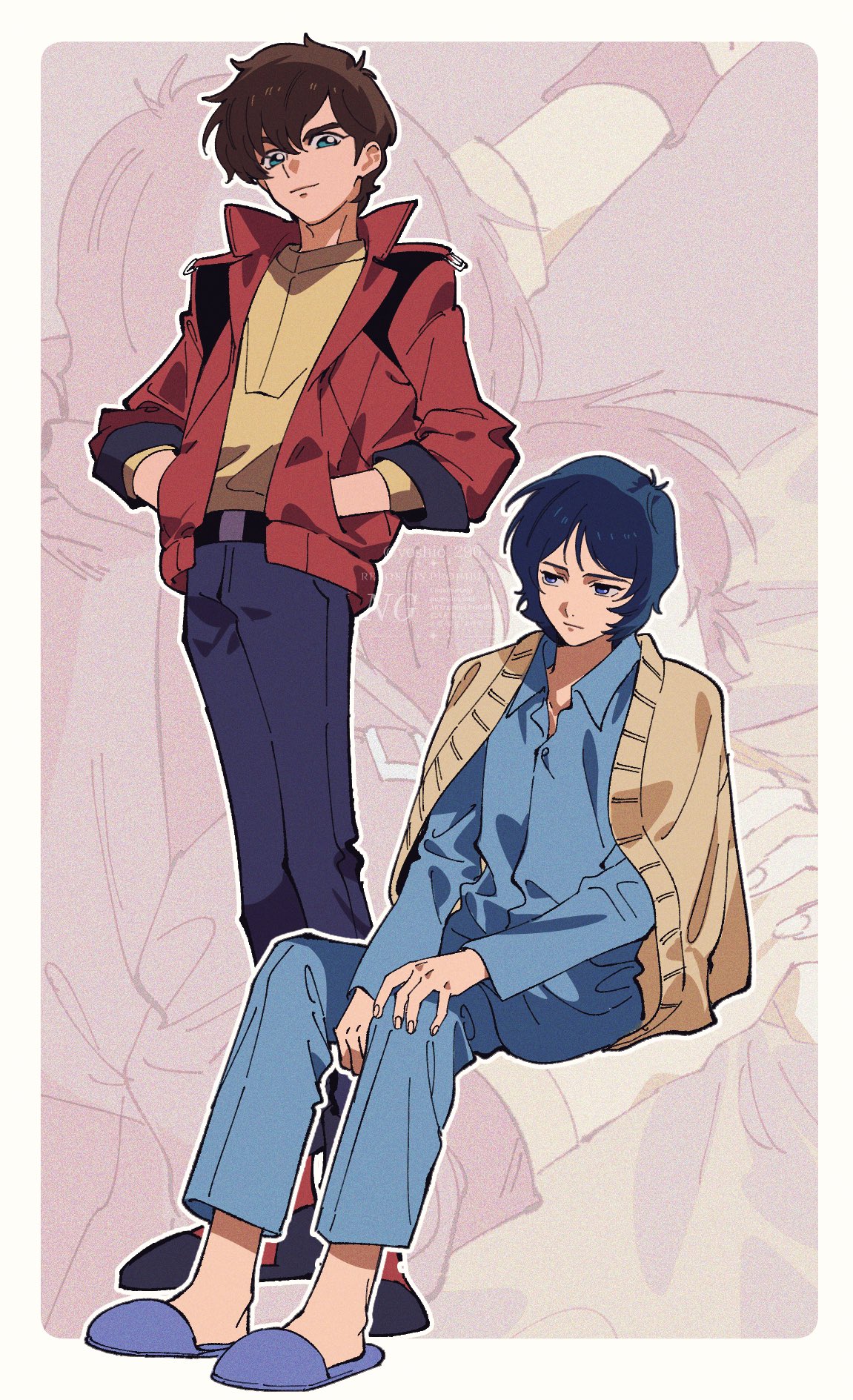 Safebooru - 2boys aqua eyes between legs blue eyes blue hair blue shirt ...