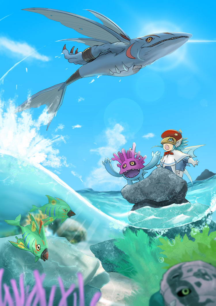 Safebooru - coral digimon digimon (creature) fish midair nature ocean ...