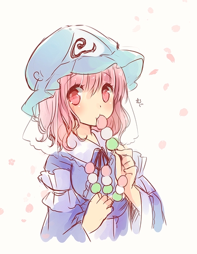 Safebooru - 1girl dango eating food hat lowres petals pink eyes pink ...