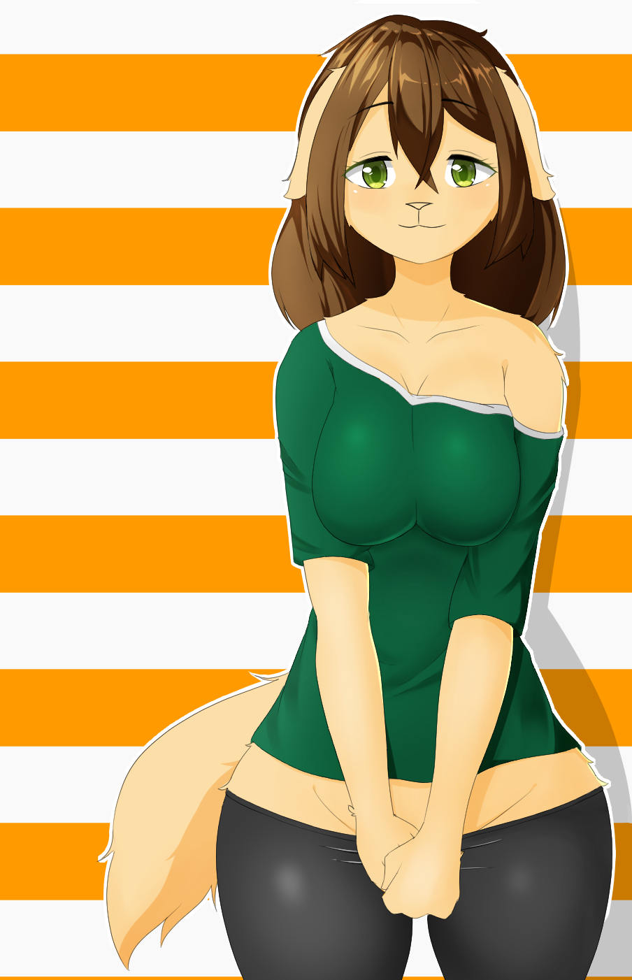 Safebooru - 1girl artist request breasts brown hair dog female furry green eyes long hair solo ...