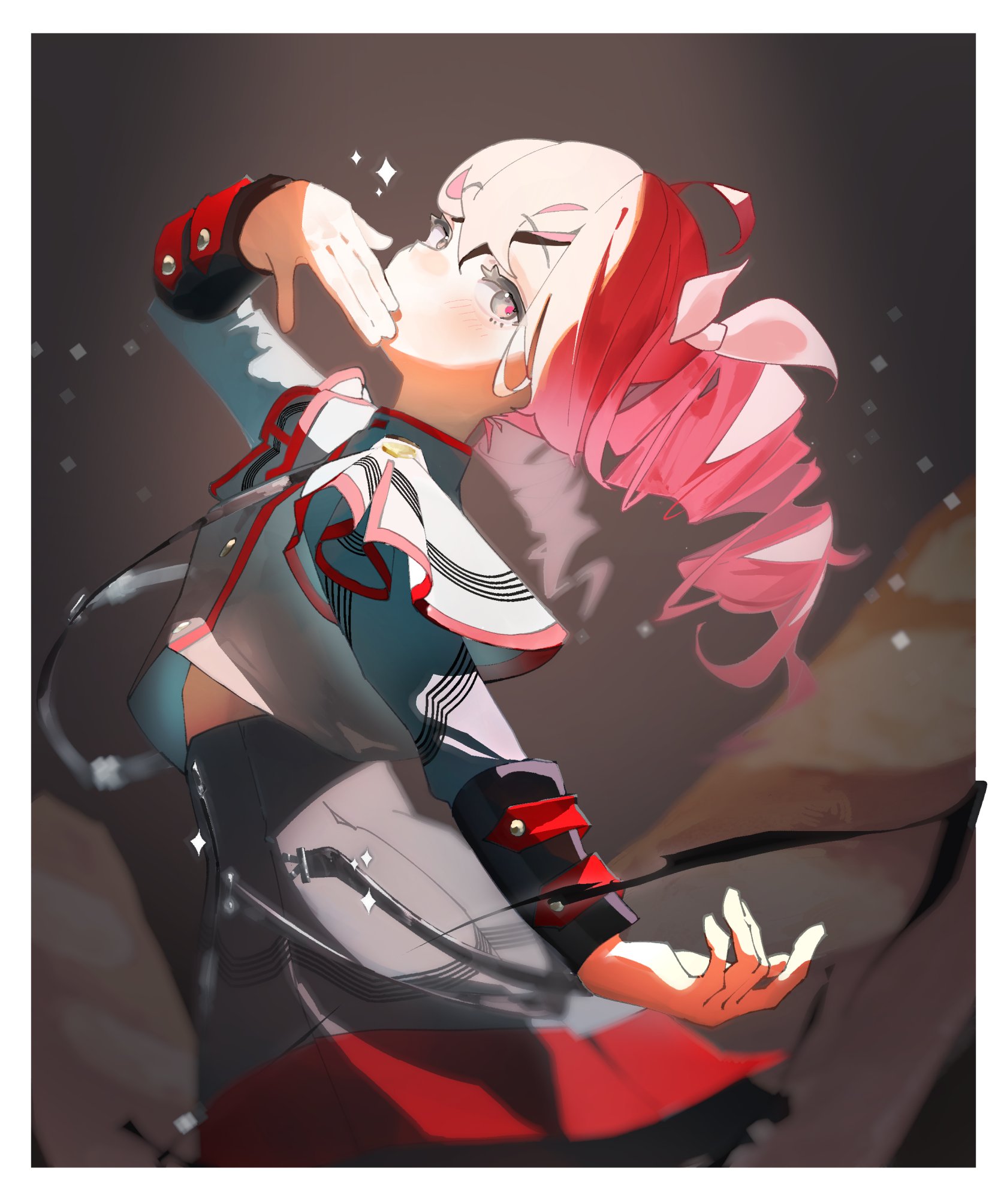 Safebooru - 1girl ahoge arched back arm at side baguette belt black background black belt black ...