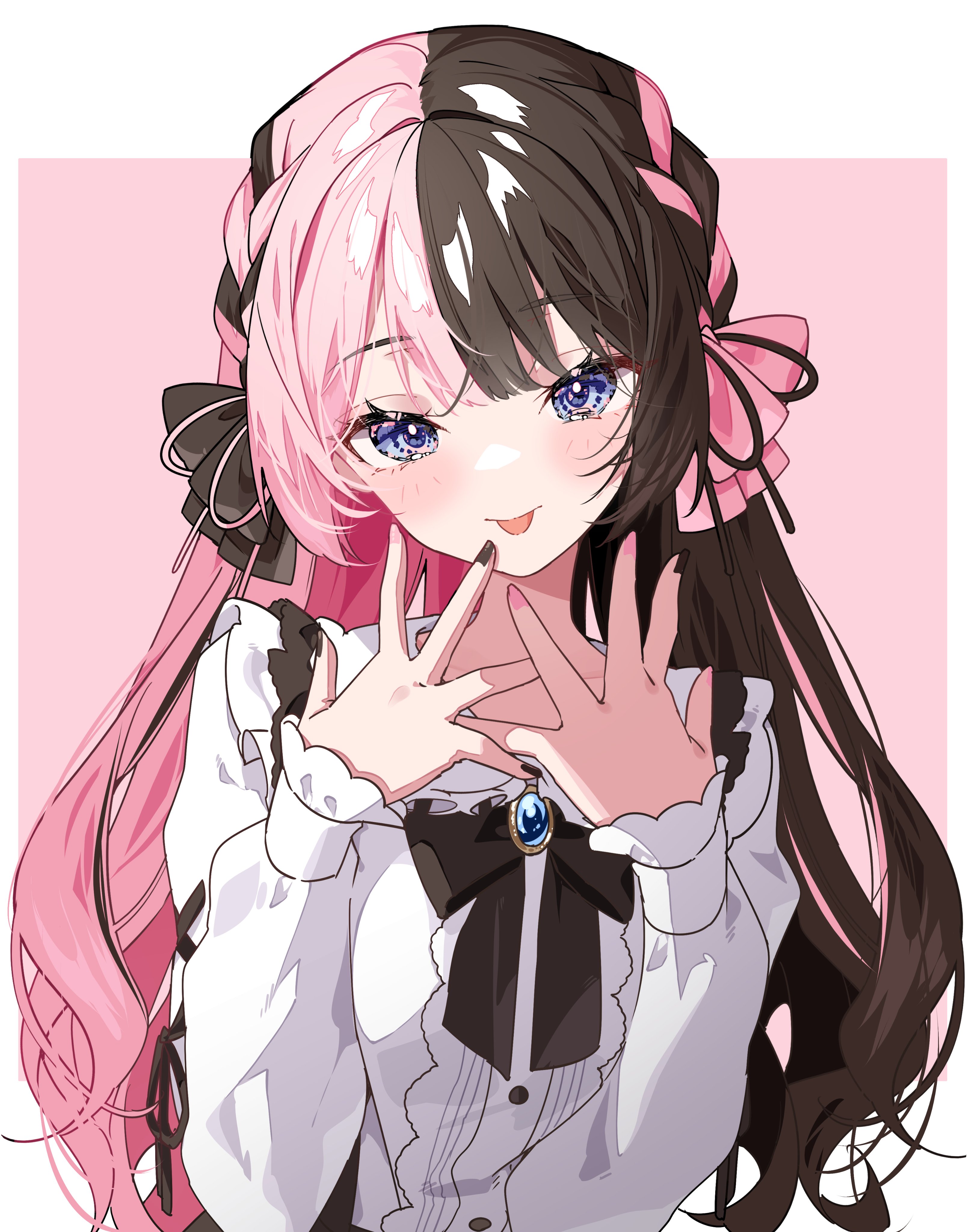 Safebooru - 1girl absurdres amopui black bow black bowtie black hair black nails blue eyes blush ...