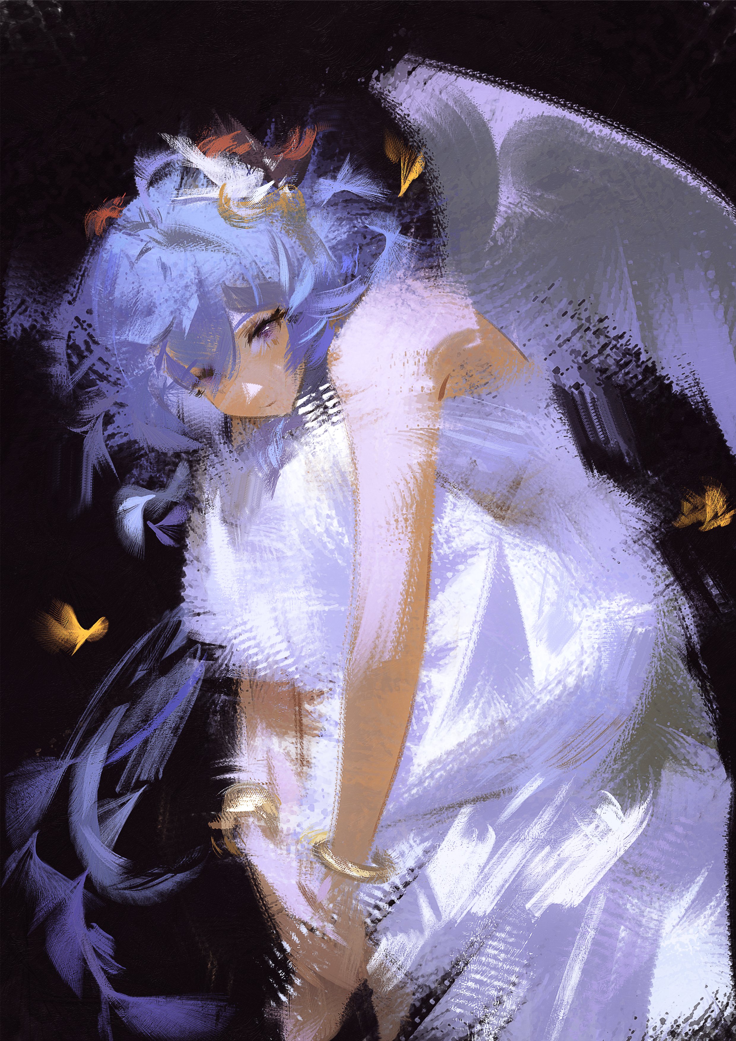 Safebooru - absurdres angel angel wings armlet blue hair closed mouth dress full body ganyu ...