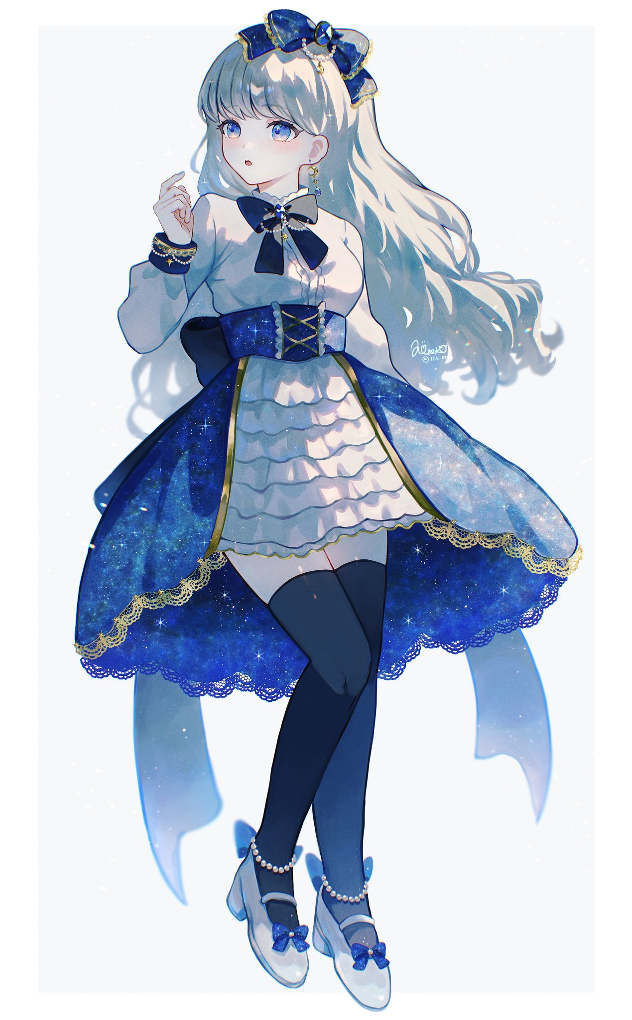 Safebooru - 1girl back bow black bow black bowtie black thighhighs blue bow blue eyes blush ...