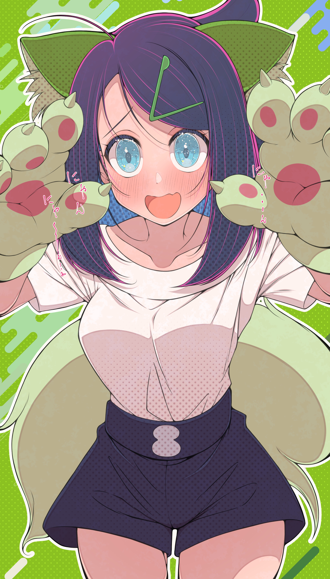 Safebooru - 1girl animal ears animal hands black hair blue eyes blue hair blush breasts claw ...
