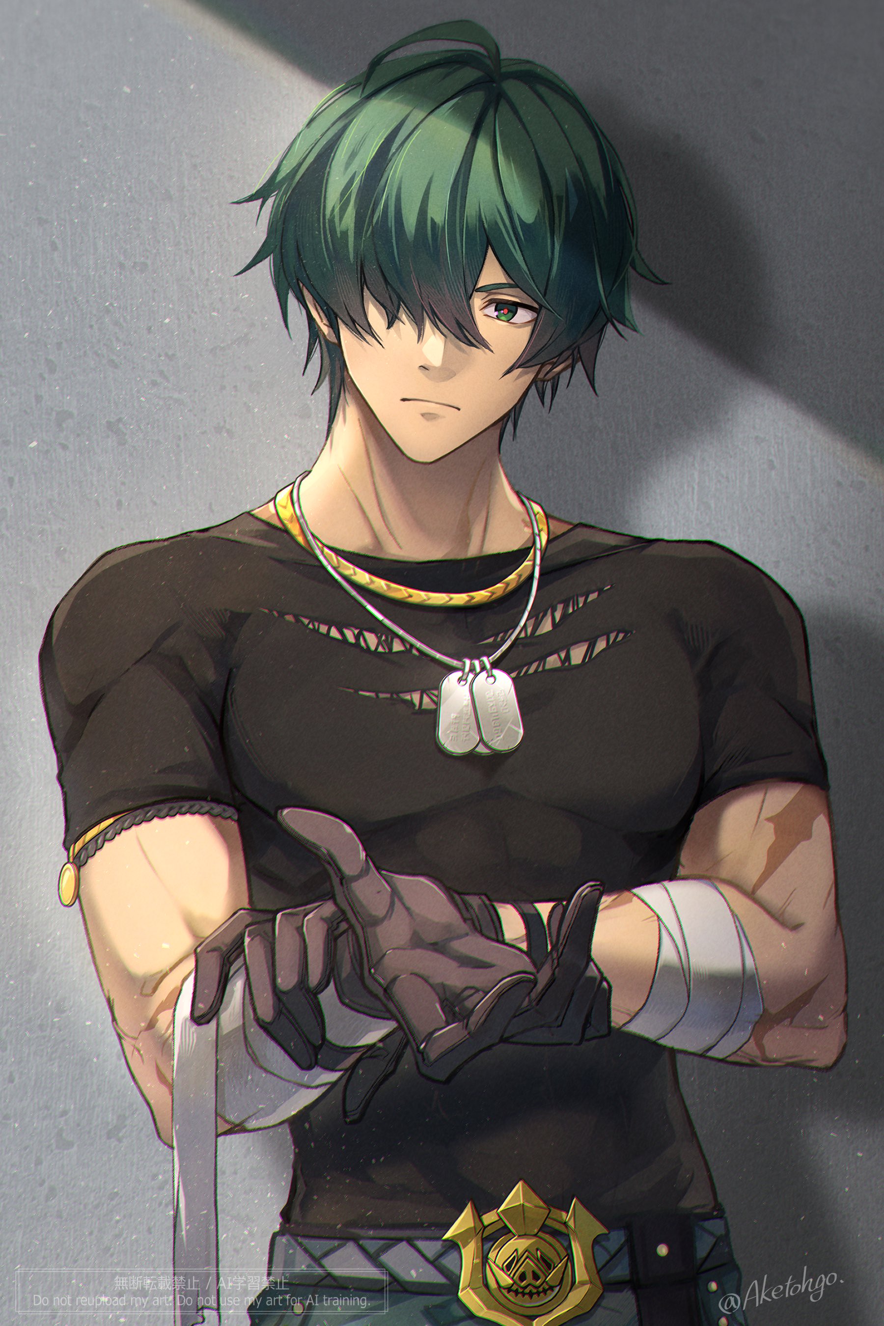 Safebooru - 1boy absurdres ahoge aketohgo applying bandages bandaged arm bandages belt belt ...