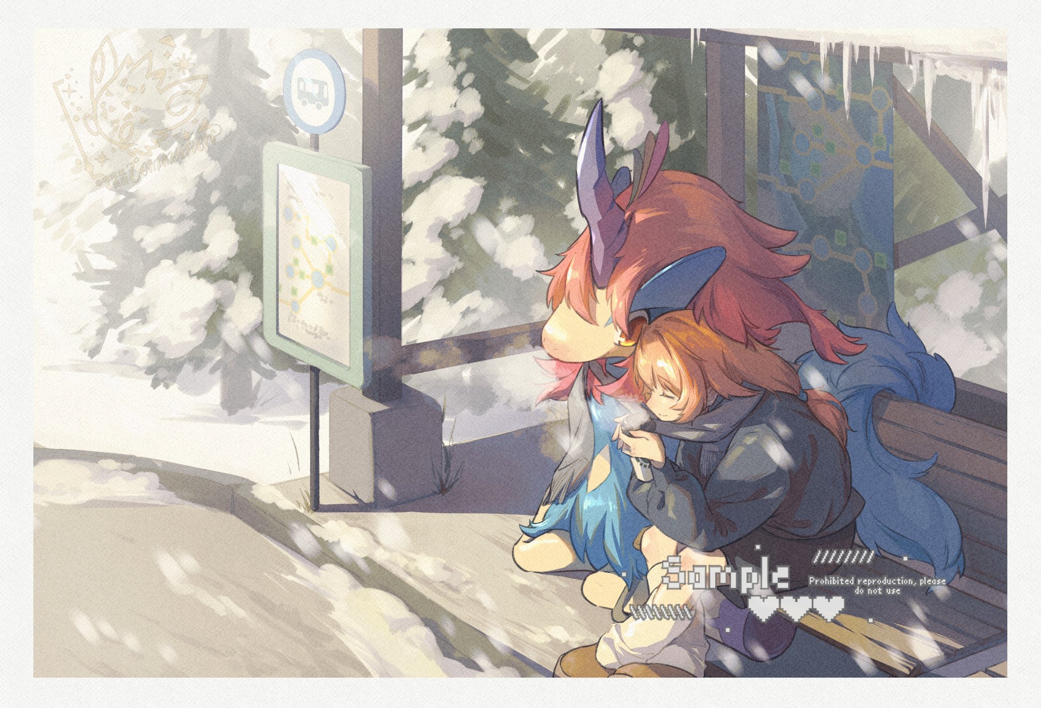 Safebooru - 1girl alternate form black skirt blue fur blue hoodie border brown shoes closed eyes ...