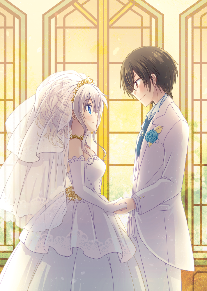 Safebooru - 1boy 1girl altar black hair blue eyes bridal veil bride ...