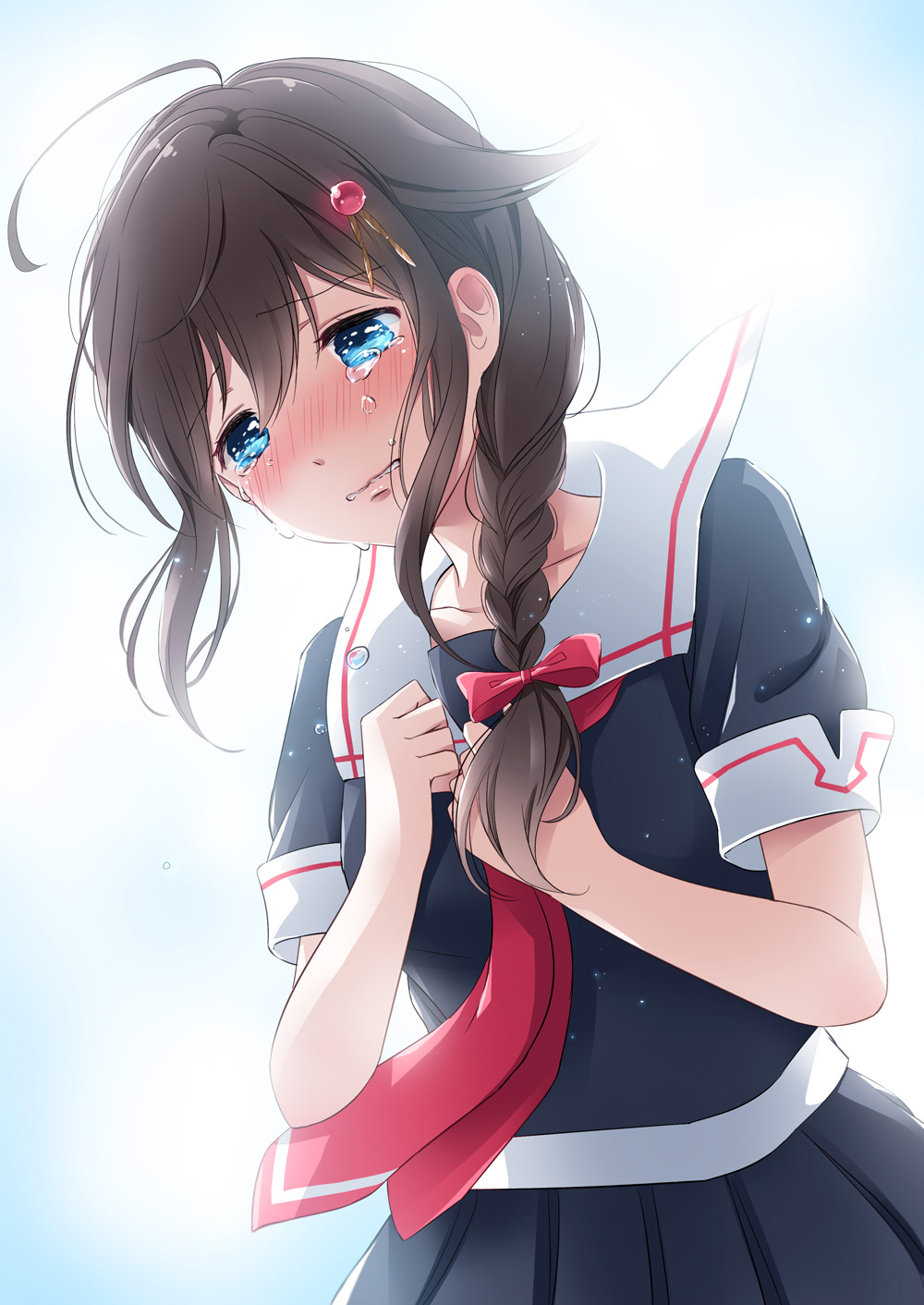 Safebooru - 1girl ahoge blue eyes blush braid brown hair crying crying ...