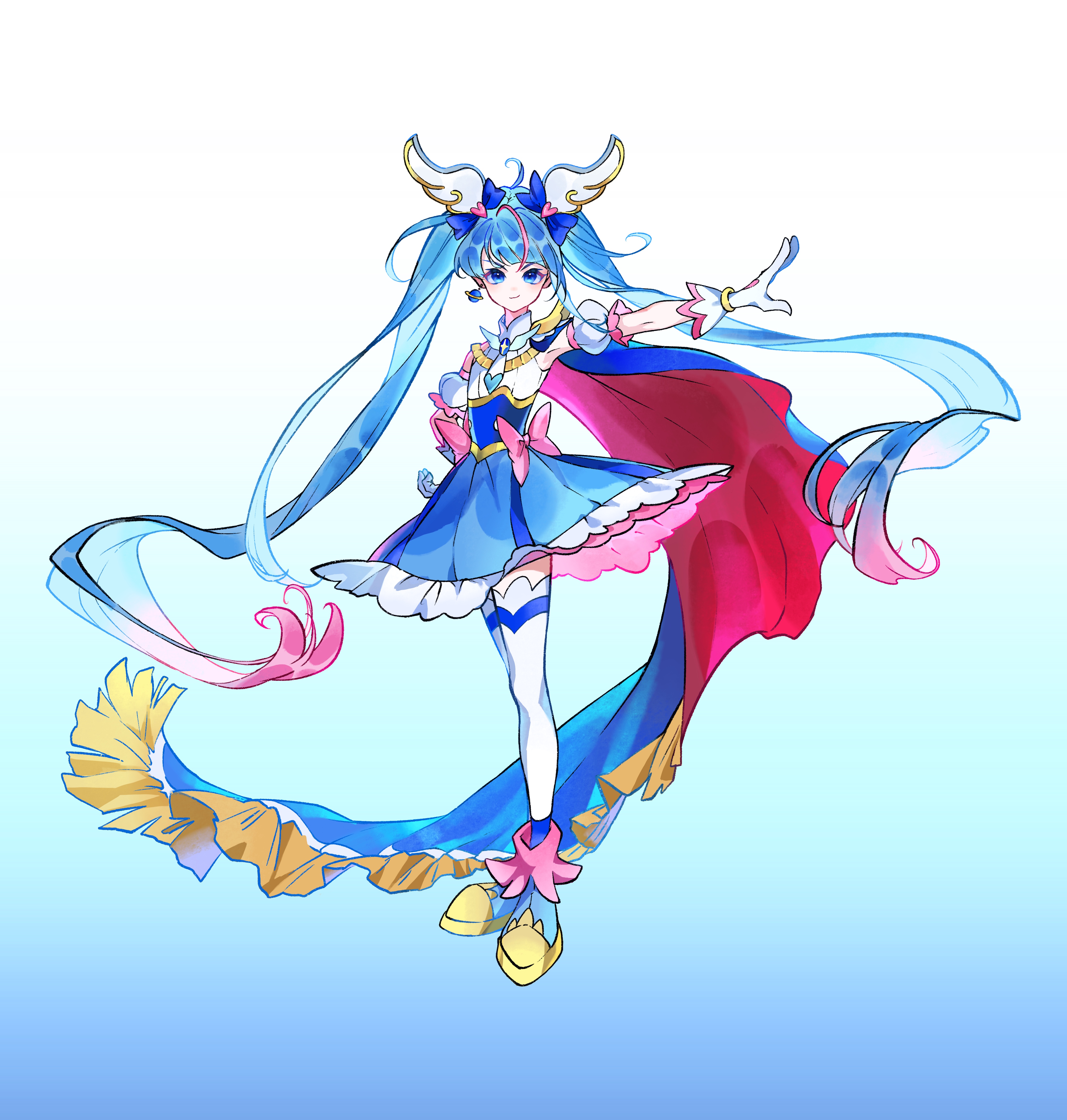 Safebooru - 1girl absurdres anklet blue background blue boots blue bow blue cape blue corset ...