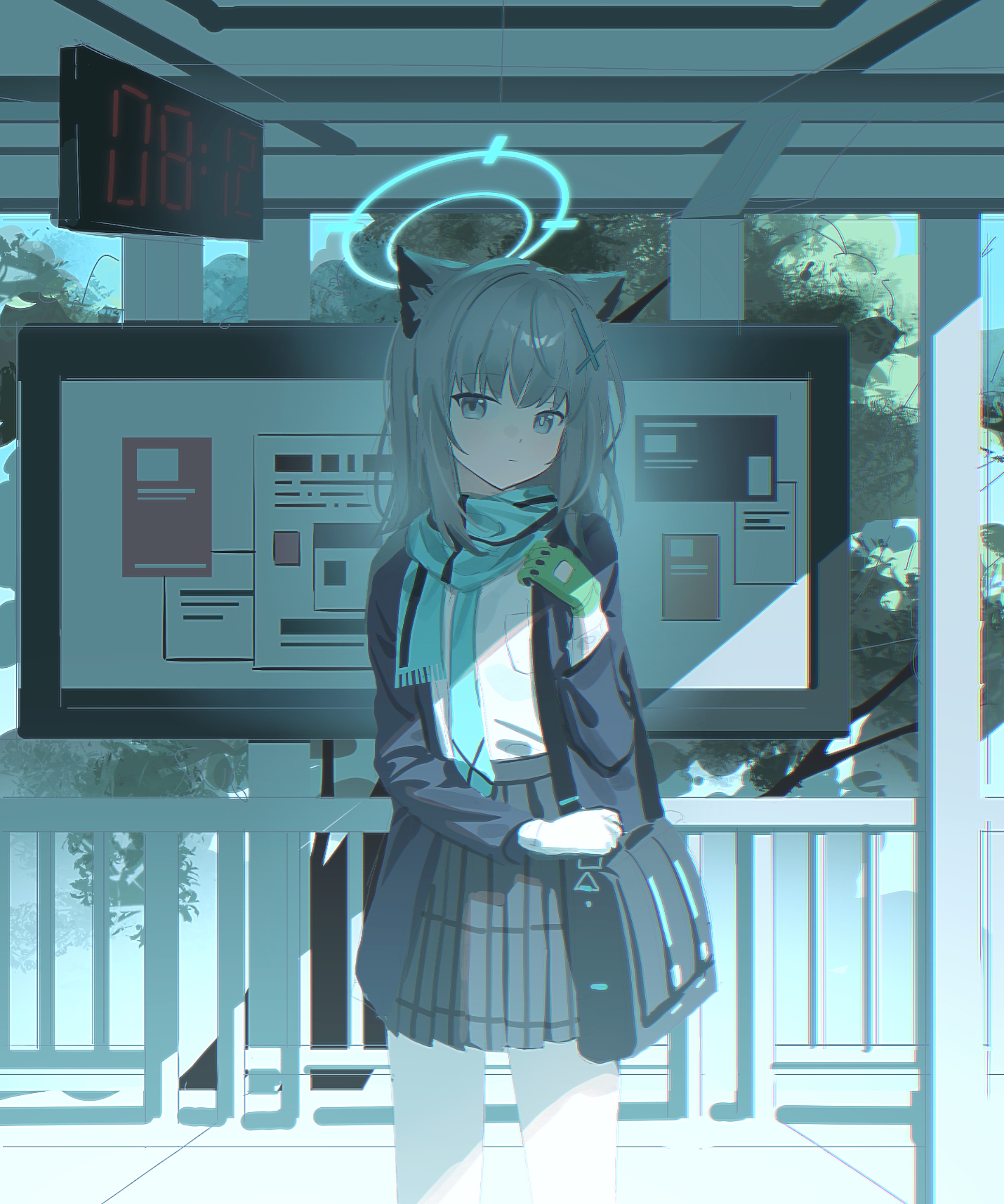 Safebooru - 1girl absurdres animal ears aqua halo black bag blue archive blue eyes blue jacket ...