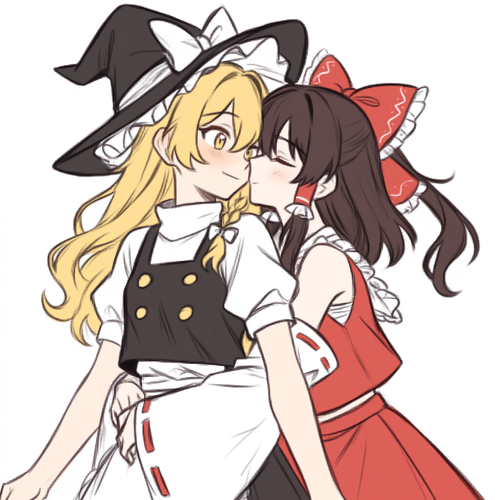 Safebooru - 2girls apron black vest blonde hair blush bow braid brown hair closed eyes closed ...