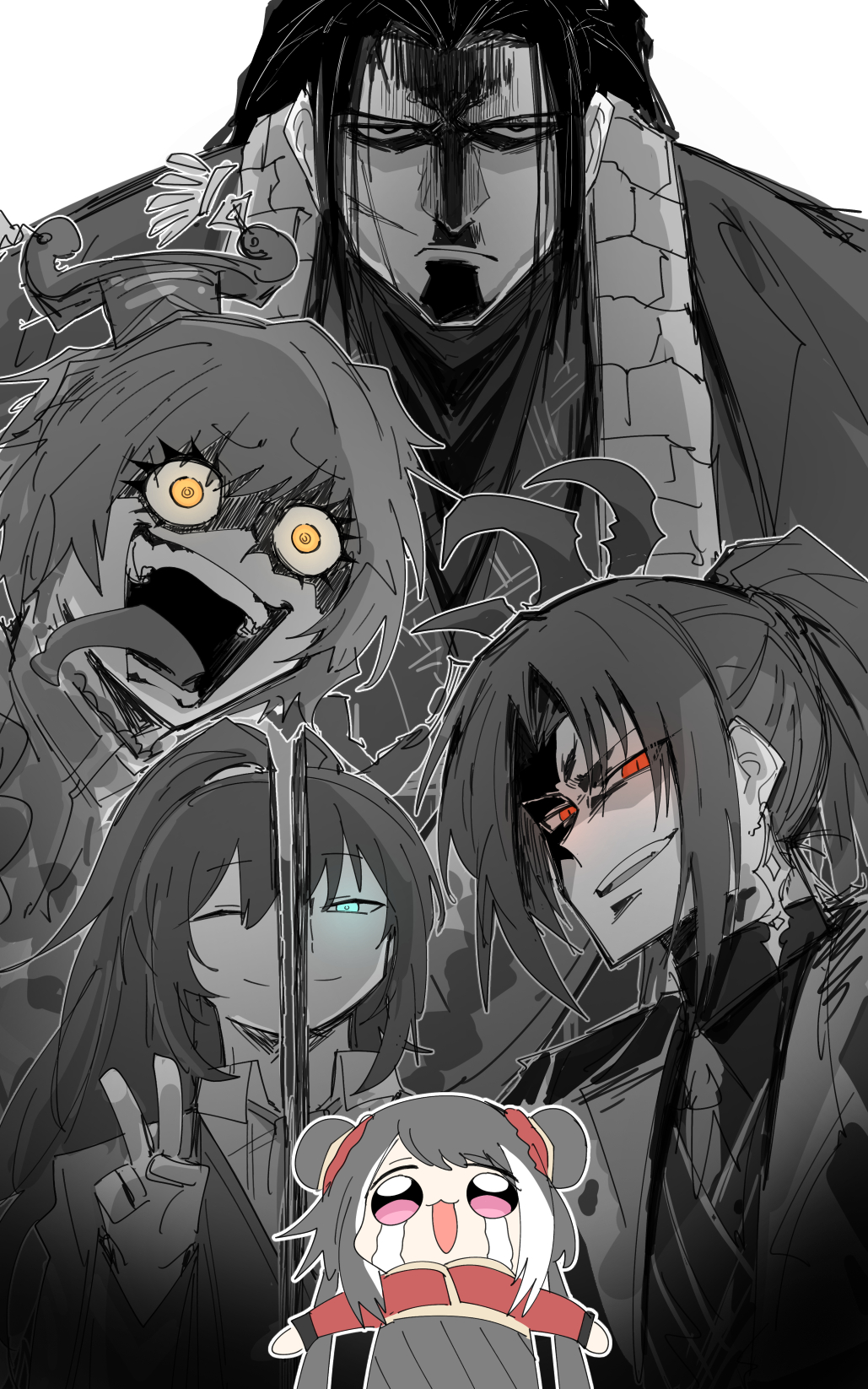 Safebooru - 1girl 4boys bisected black coat black dress black hair black vest blue eyes chibi ...