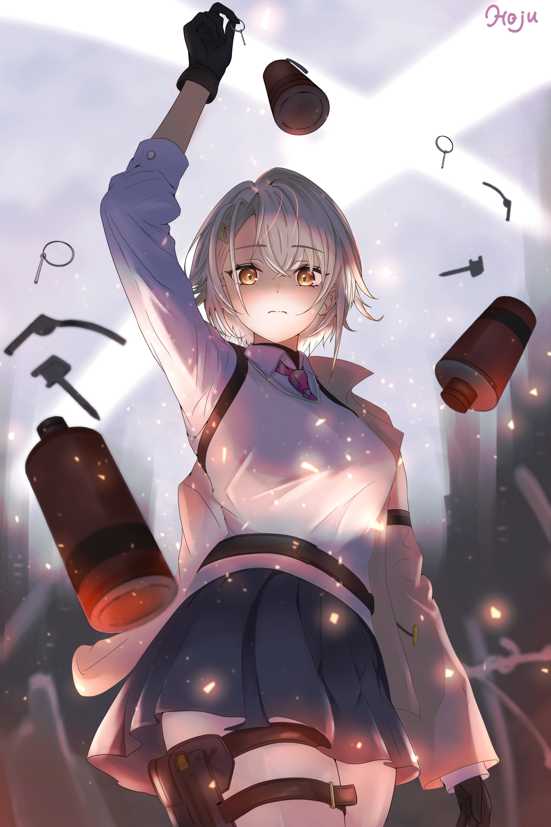 Safebooru - 1girl absurdres arm up black gloves black skirt closed mouth collared shirt ...