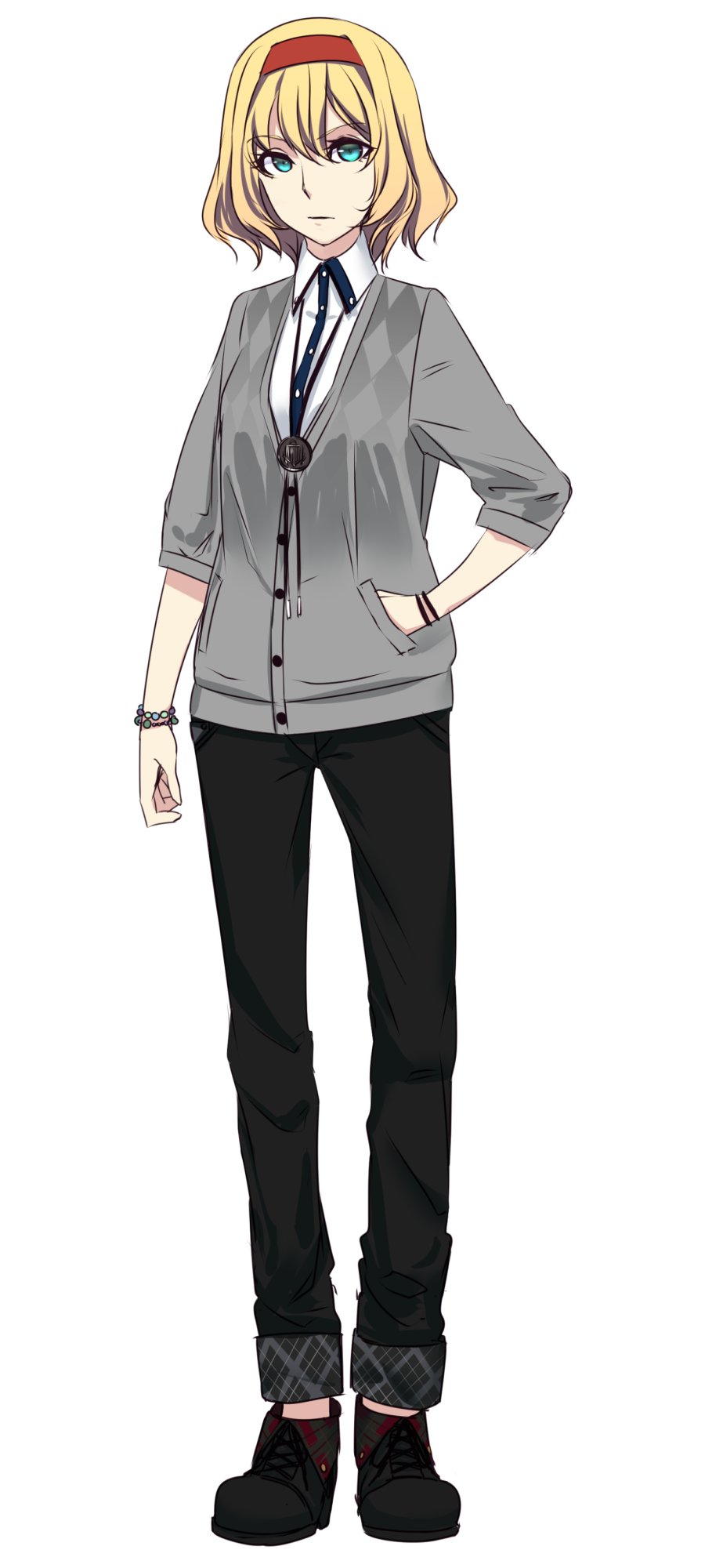 Safebooru - 1girl alice margatroid alternate costume bead bracelet beads black pants black shoes ...