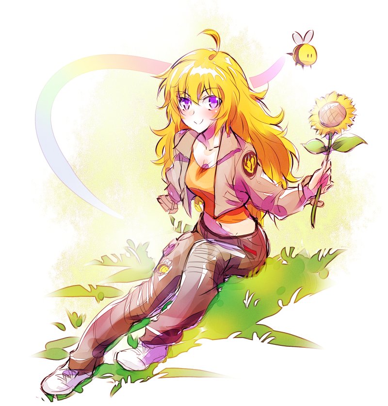 Safebooru - 1girl ahoge amputee bee blonde hair curly hair flower grass ...