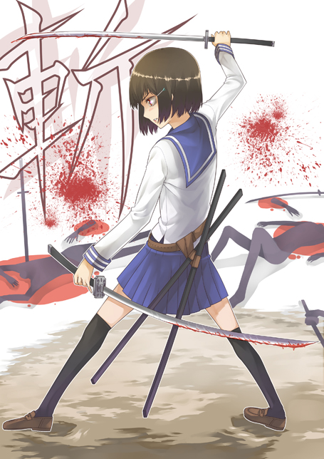 Safebooru - a0 blood dual wield dual wielding katana kneehighs ...