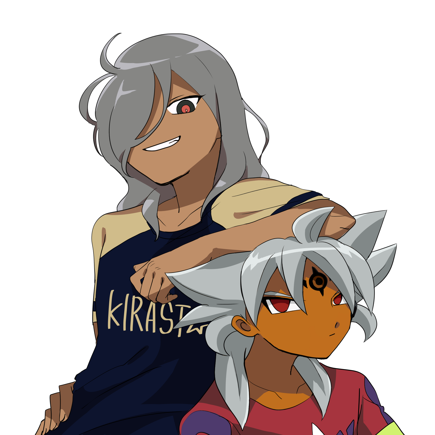 Safebooru - 2boys baddap sleed dark skin forehead mark grey hair grin ...